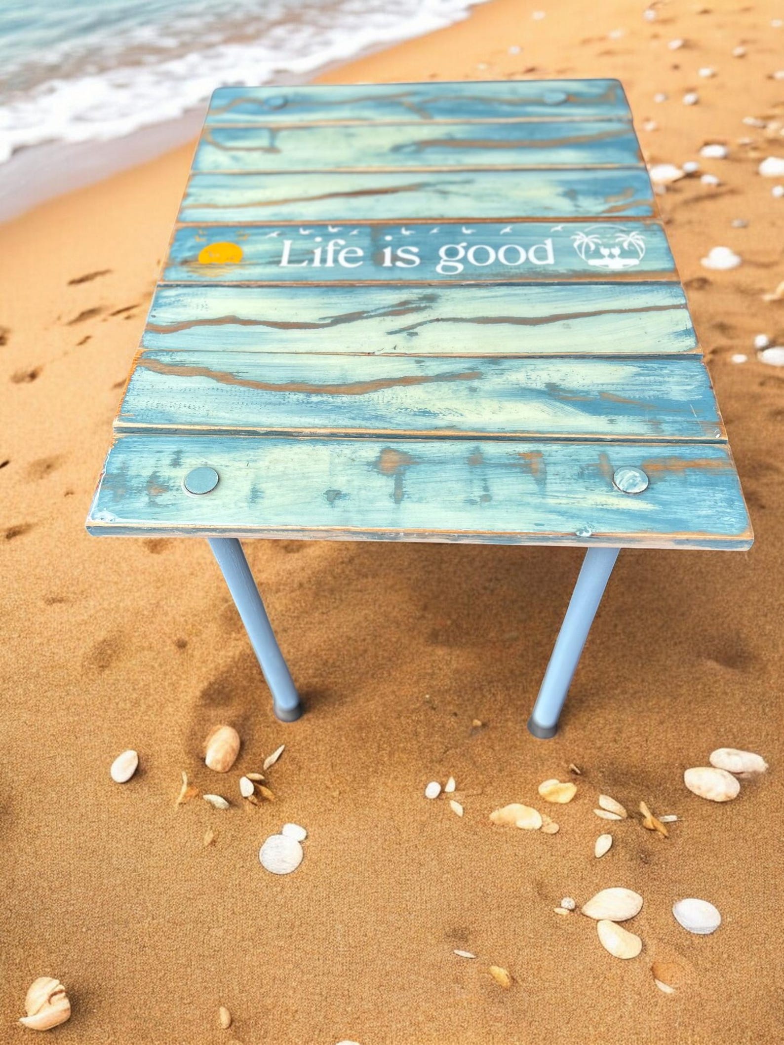Life is Good Beach Table in a Bag, Turquoise Distressed Wood - Etsy