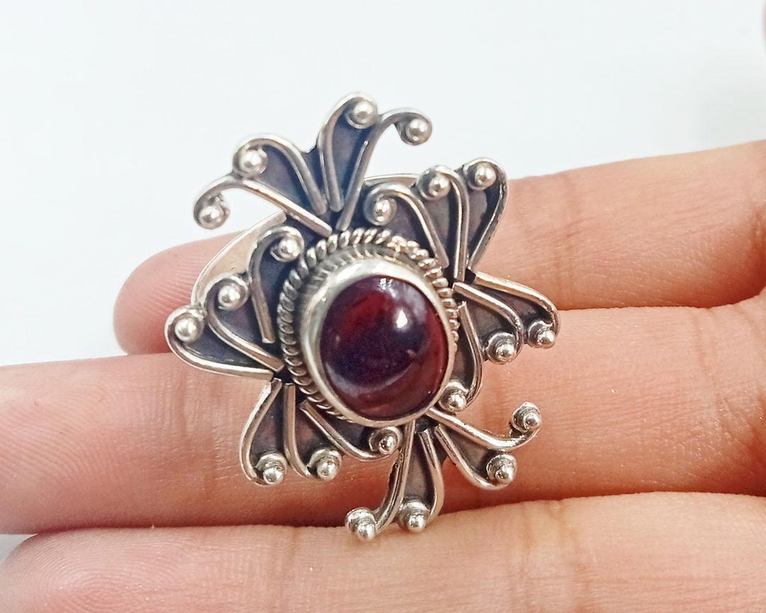 925 Sterling Solid Silver Ring, Natural Garnet Gemstone Ring, Handmade ...