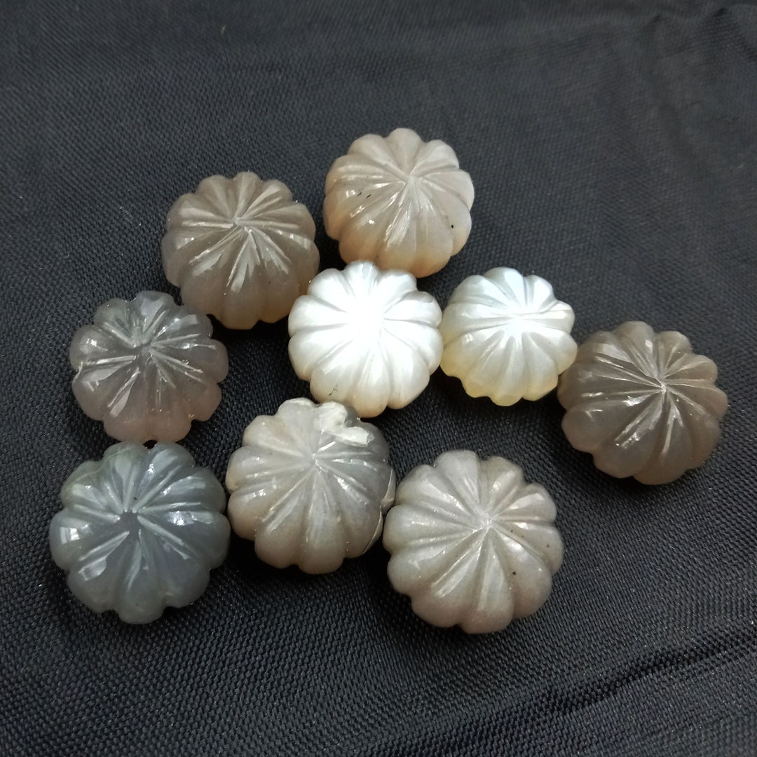 10 Pieces Natural Grey Moonstone Carved Melon Gemstones, Jewelry Making ...