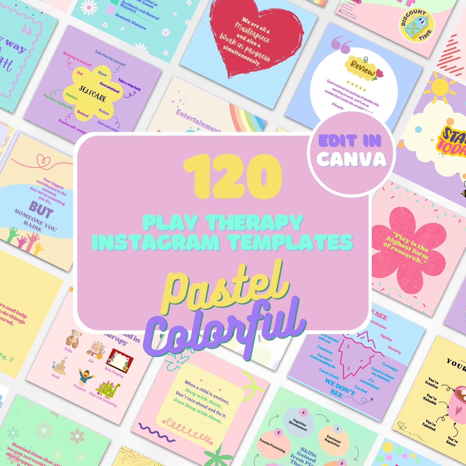 120 Play Therapy Instagram Templates: Colorful Mental Health Posts ...