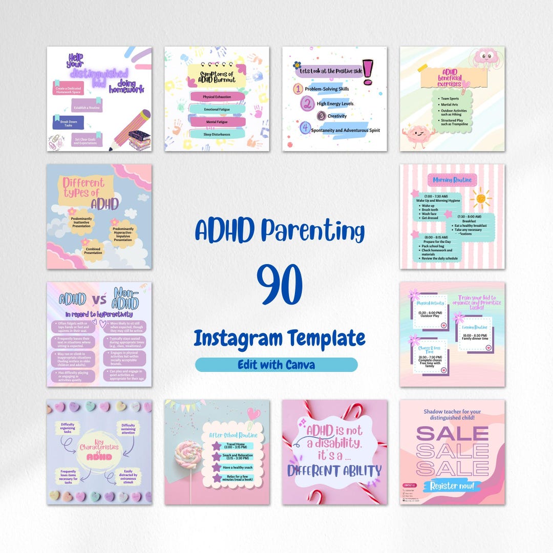 ADHD Parenting Instagram Templates: Mental Health (90 Canva Posts ...