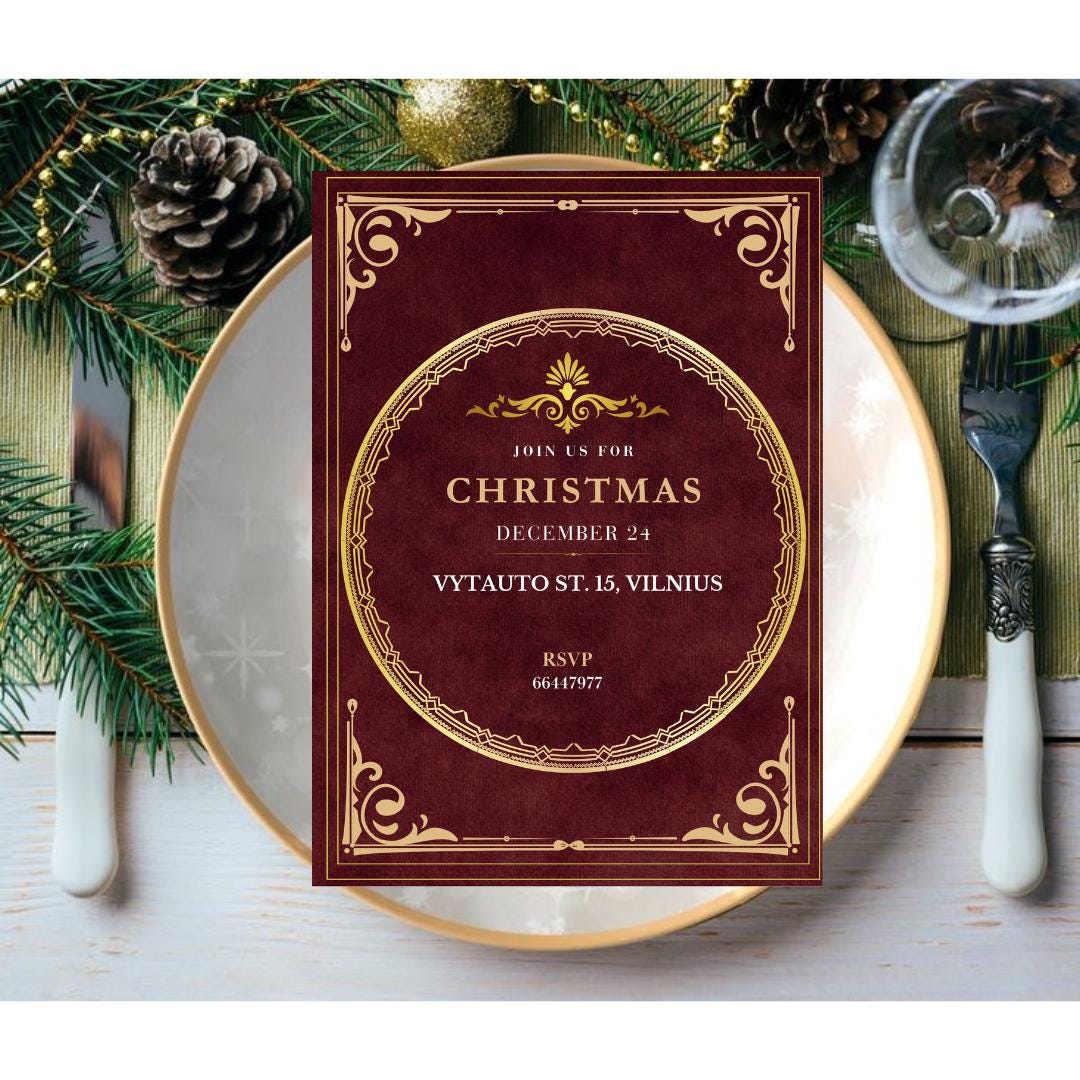 Elegant Burgundy and Gold Christmas Invitation Vintage Holiday Party ...