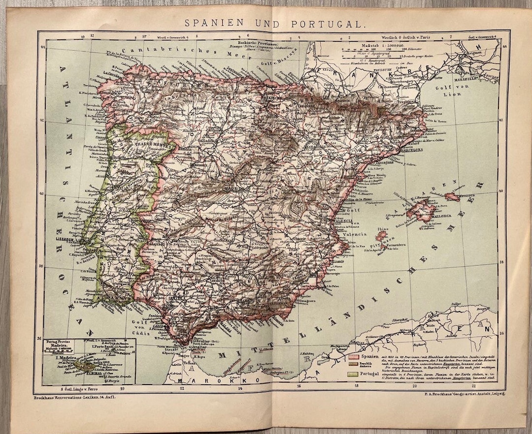 Antique Color Map of Spain and Portugal. Encyclopedia Brockhaus, 1890s ...