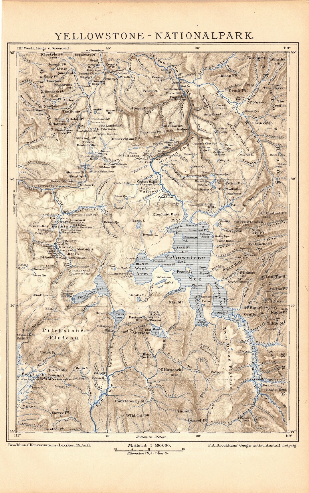 1895 Old Original Map Yellowstone Nationalpark Antique Map, Vintage Map ...