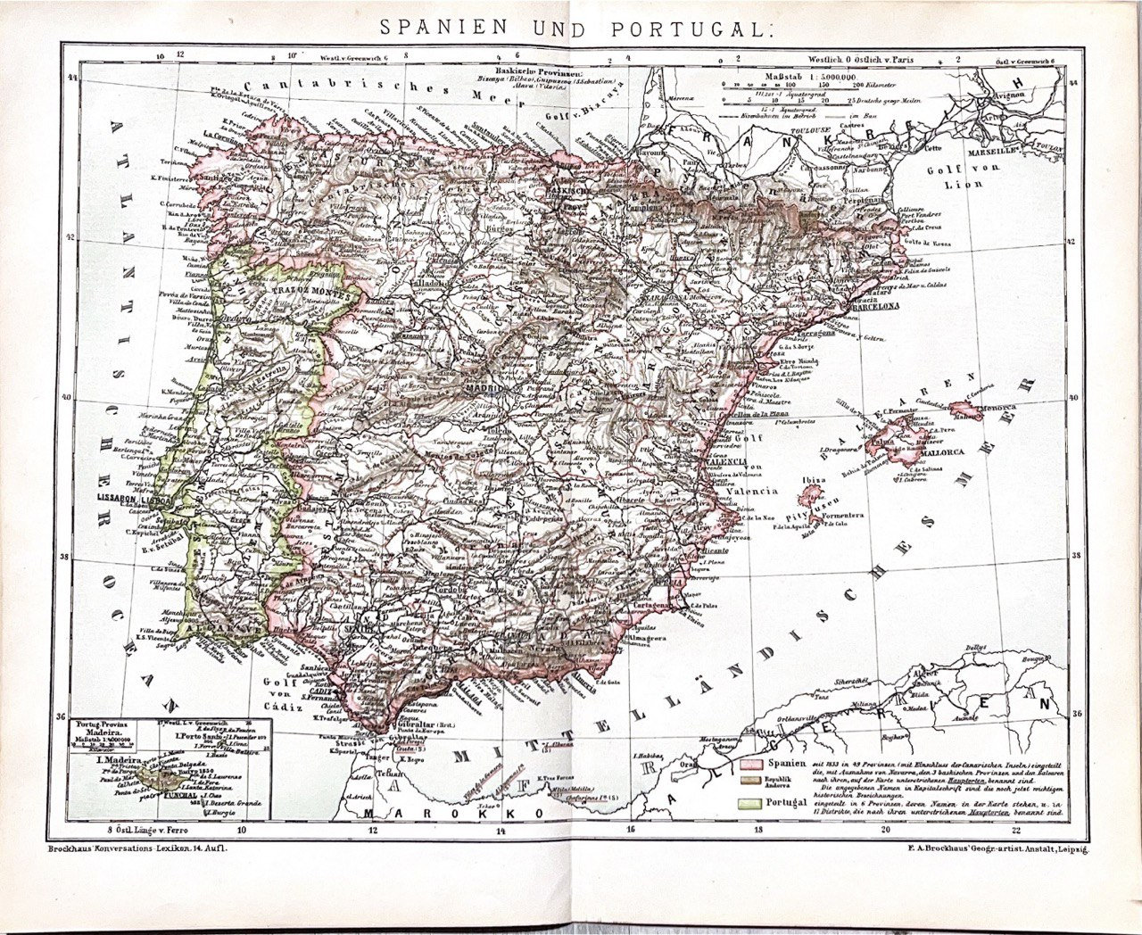 Antique Color Map of Spain and Portugal. Encyclopedia Brockhaus, 1890s ...