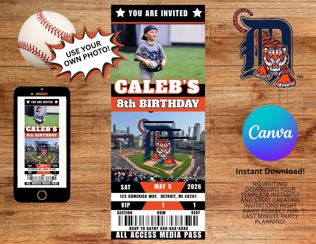 Detroit Tigers Ticket Birthday Invitation Canva Downloadable Editable ...