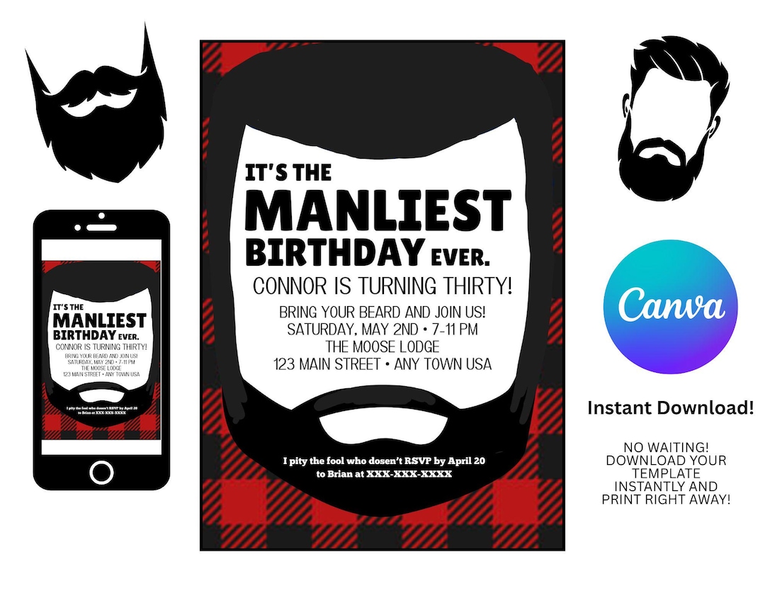 Manly Birthday Party Invitation: Editable 5x7 Canva Template (digital ...