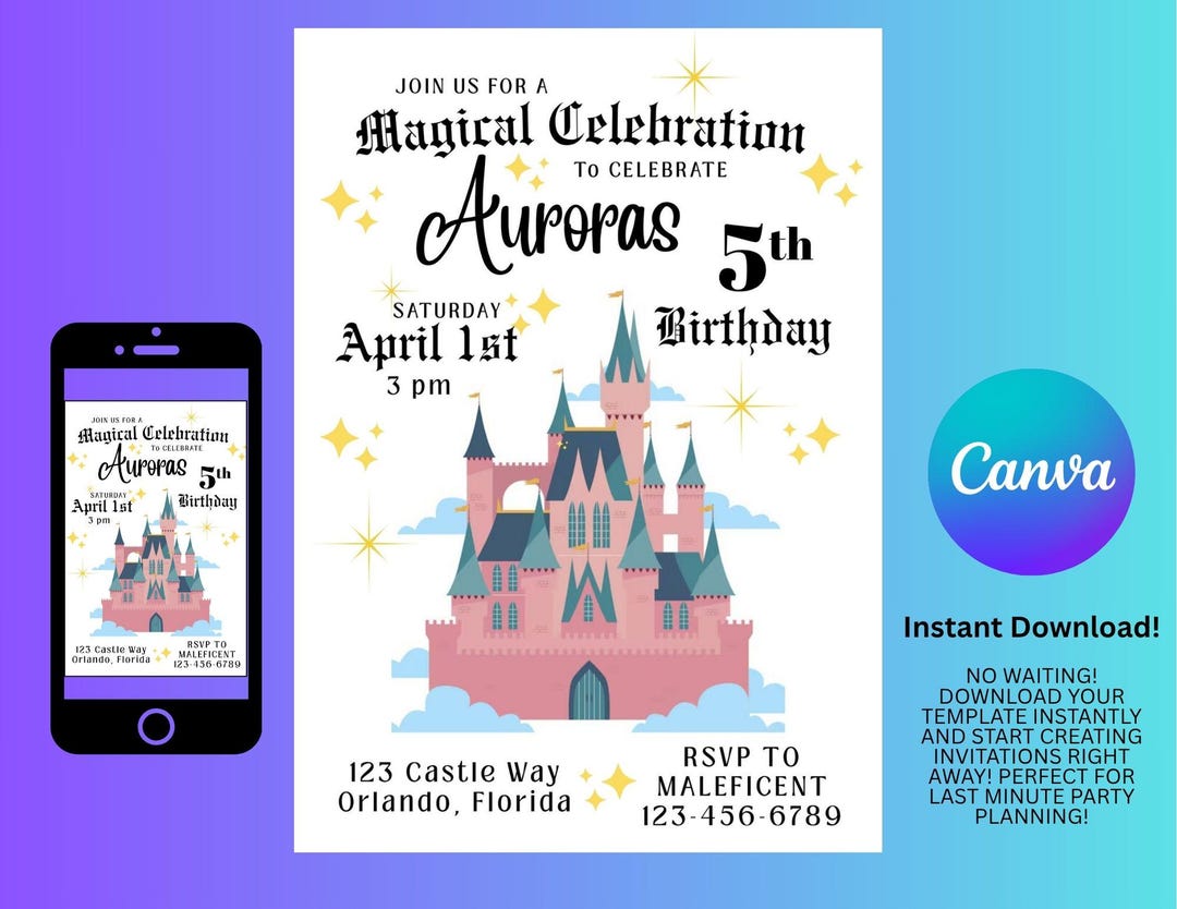 Disney Castle Birthday Invitation Editable Download Sleeping Beauty ...