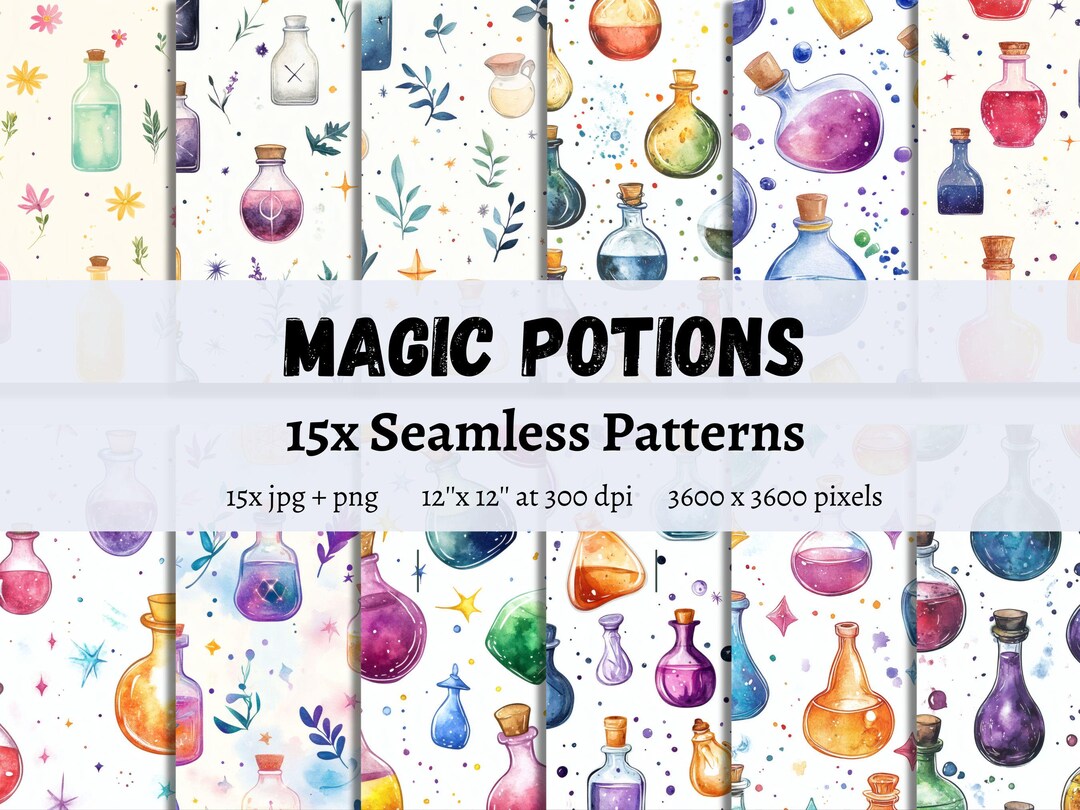 Magic Potions Digital Paper, Magical Fantasy Designs, 15 Seamless Patterns, Printable Scrapbook ...