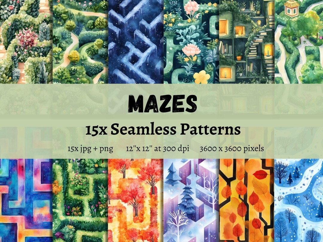 Mazes Digital Paper, 15 Seamless Patterns, Printable Scrapbook Paper ...