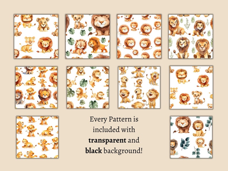 Cute Lion Digital Paper, 10 Seamless Watercolor Patterns, Ideal for ...