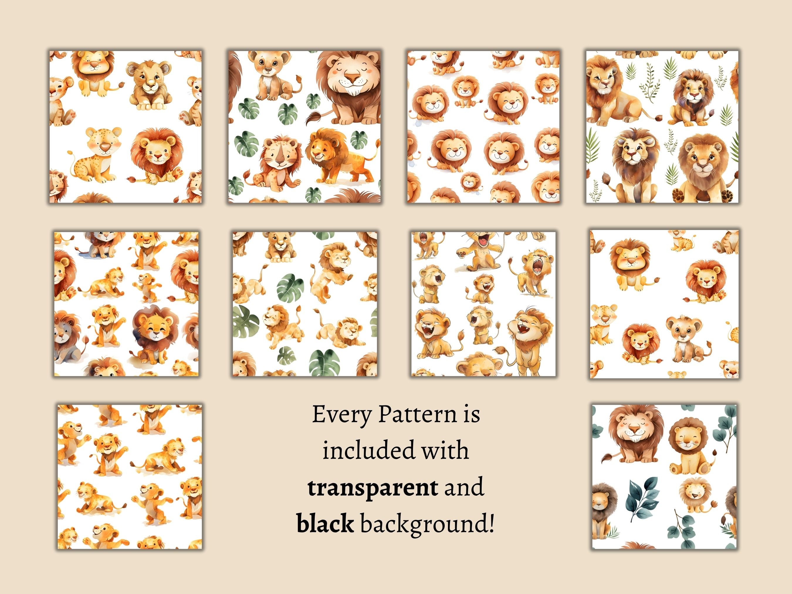 Cute Lion Digital Paper, 10 Seamless Watercolor Patterns, Ideal for ...
