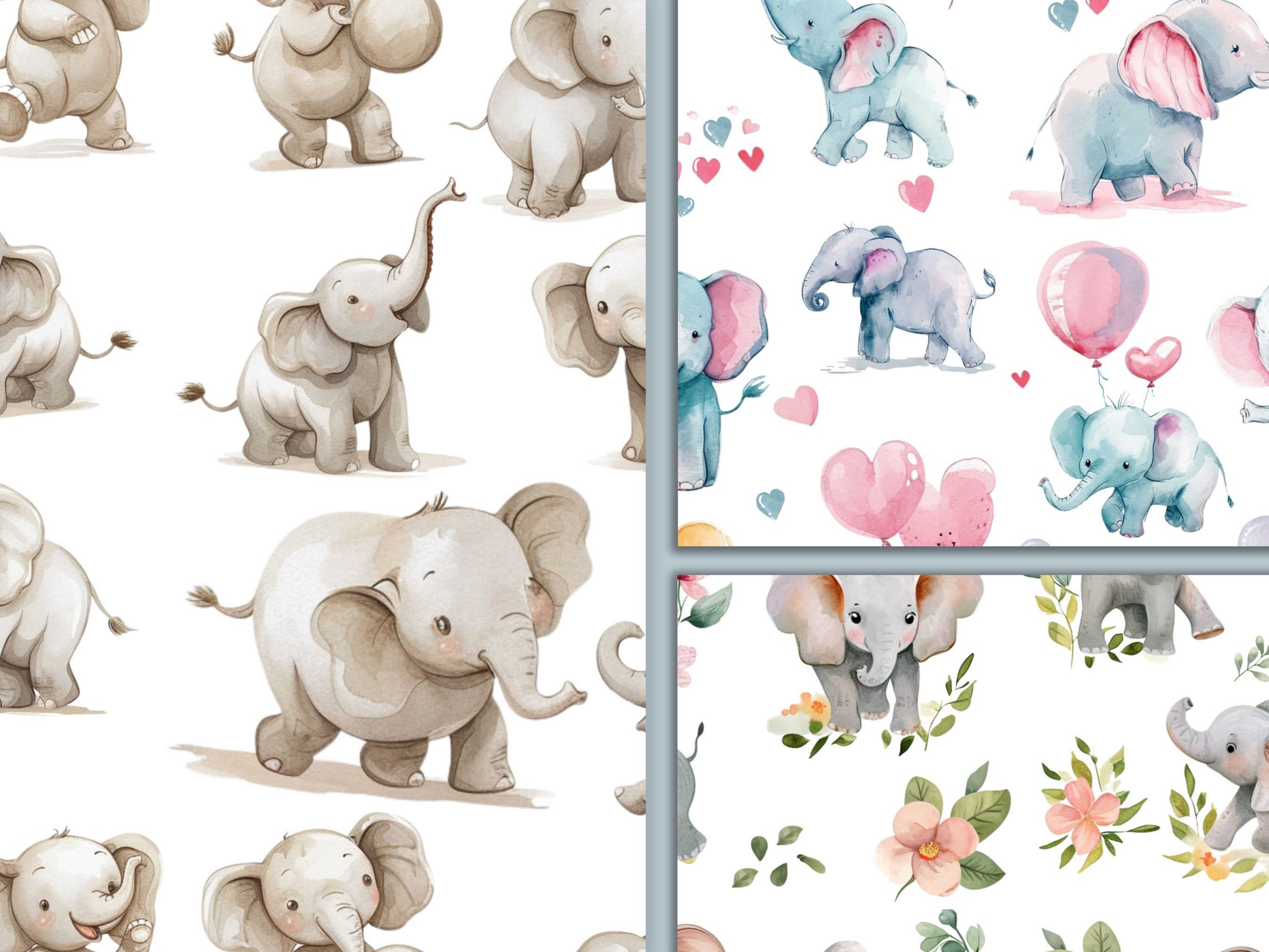 Cute Elephants Digital Paper, 10 Seamless Watercolor Patterns ...