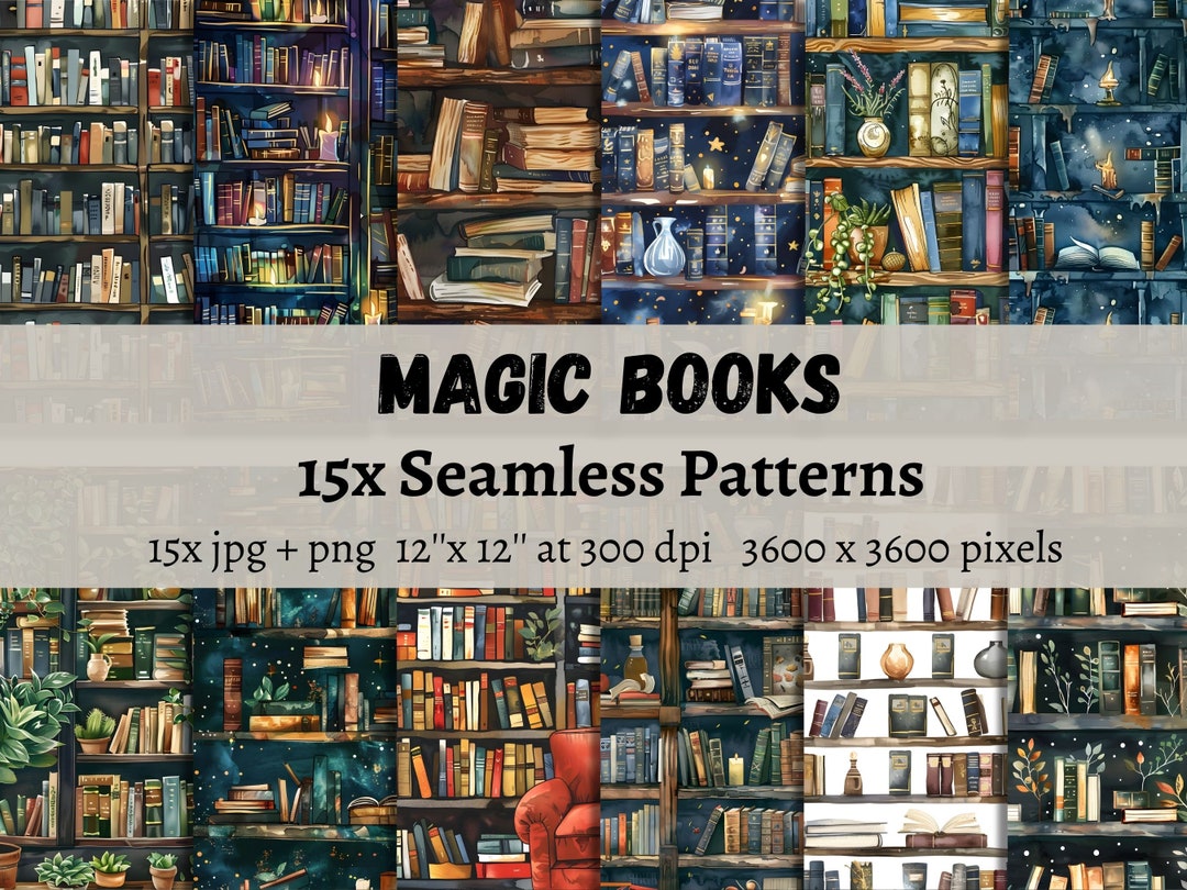 Magic Books Digital Paper, Watercolor Bookshelf, 15 Seamless Patterns ...