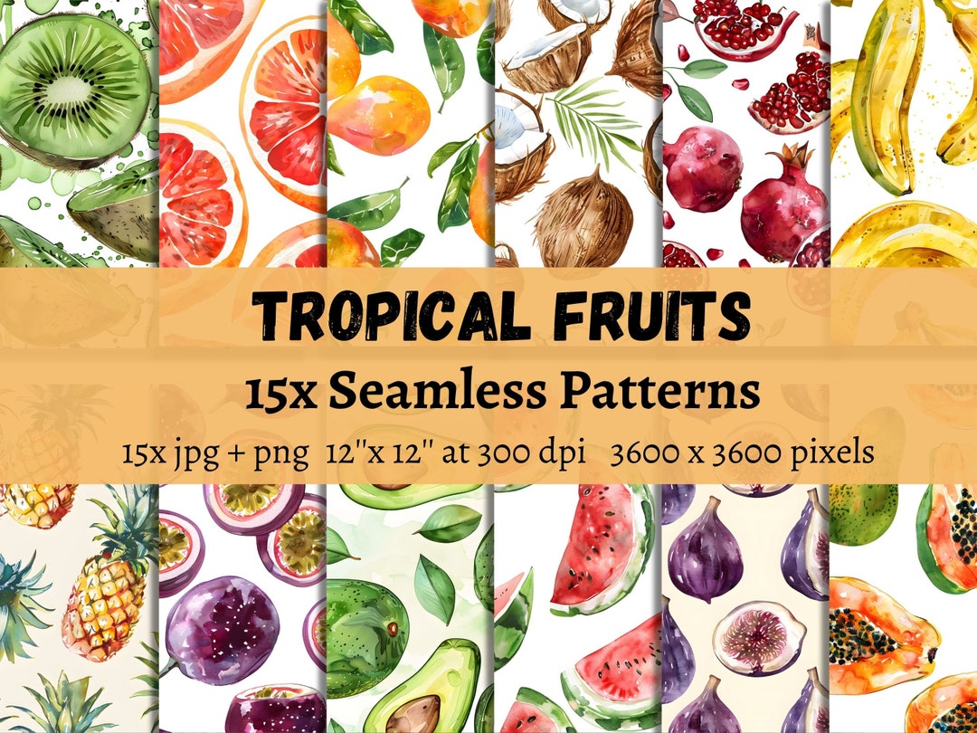 Tropical Fruits Digital Paper, Summer Fruits, 15 Seamless Watercolor ...