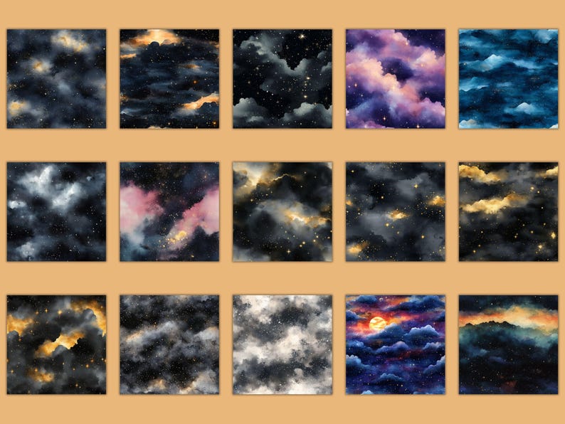 Night Sky Digital Paper, 15 Seamless Patterns, Watercolor Designs ...