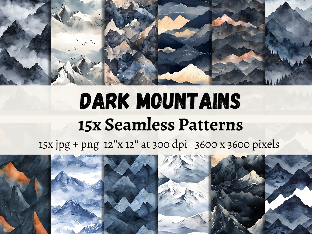 Dark Mountains Digital Paper, Watercolor Mountains, 15 Seamless Nature ...