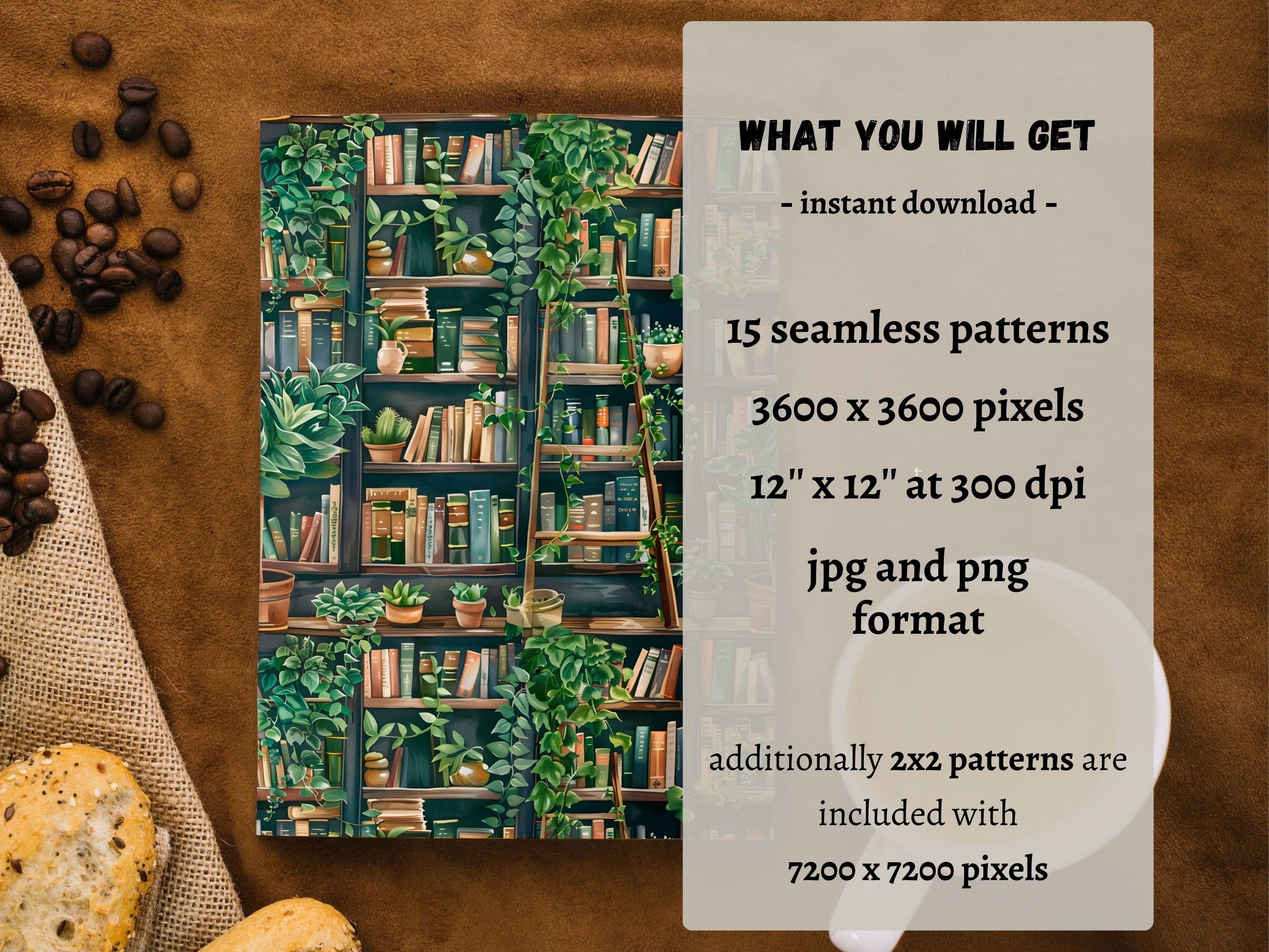 Magic Books Digital Paper, Watercolor Bookshelf, 15 Seamless Patterns ...