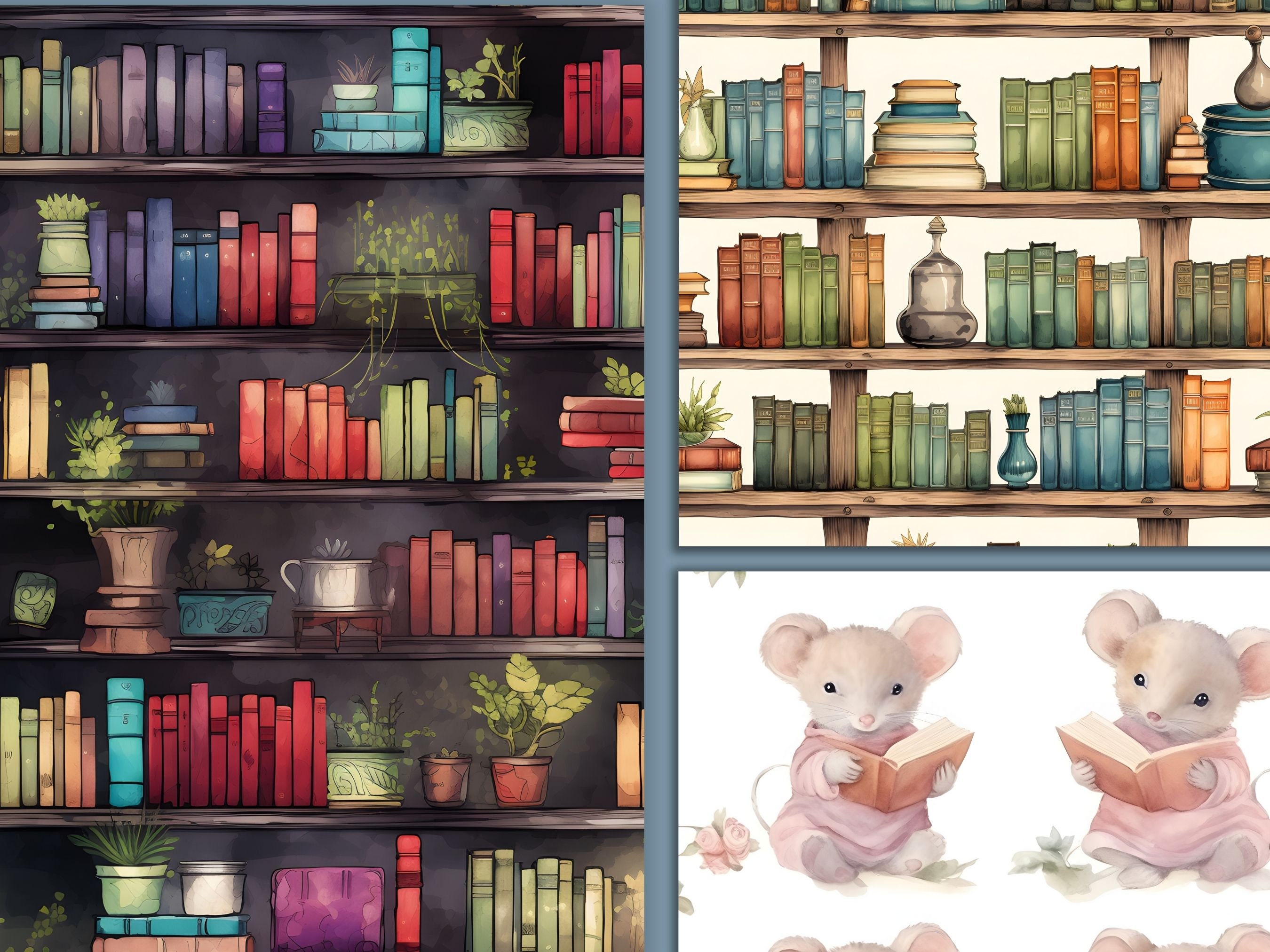 Watercolor Books Digital Paper, Watercolor Bookshelf, 15 Seamless ...