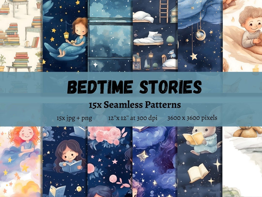 Bedtime Stories Digital Paper, Books and Stories Pattern, 15 Seamless ...