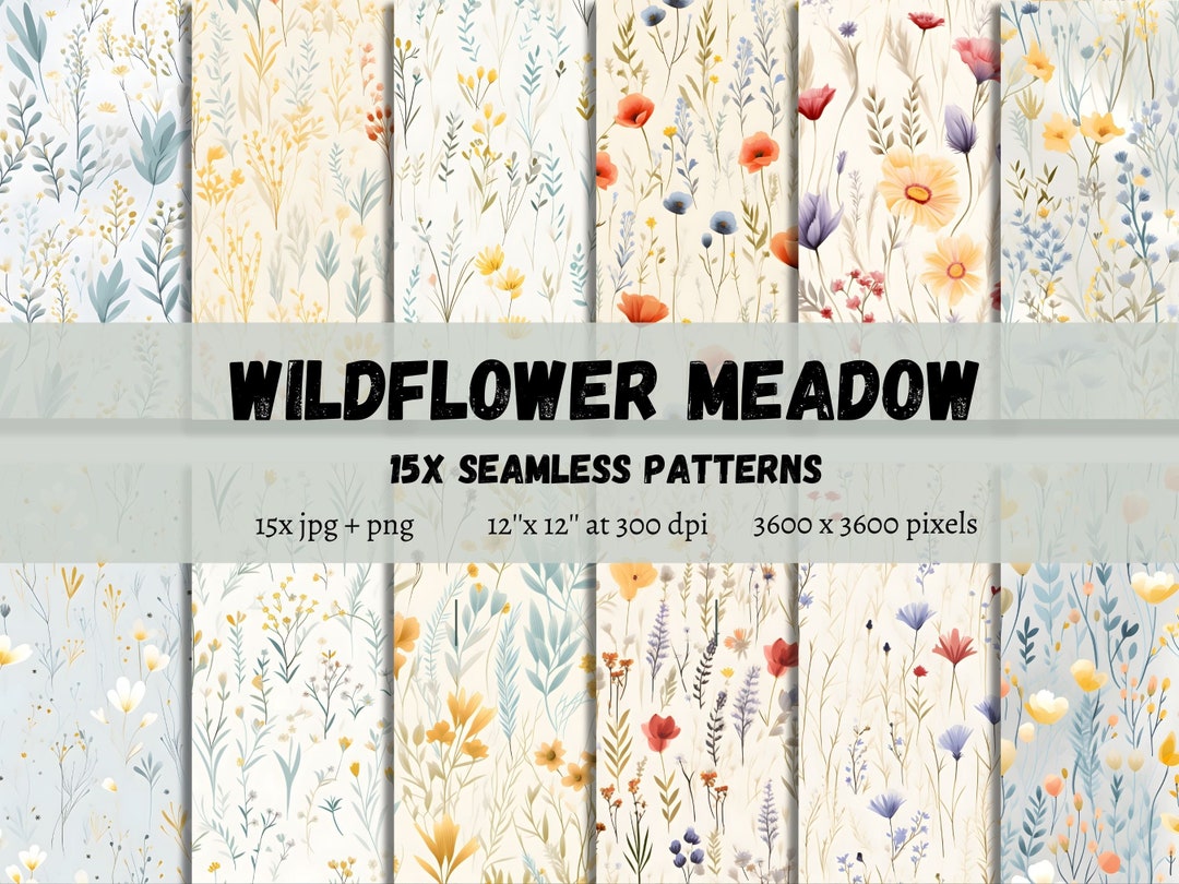 Wildflower Meadow Digital Paper, Watercolor Flowers, 15 Seamless ...
