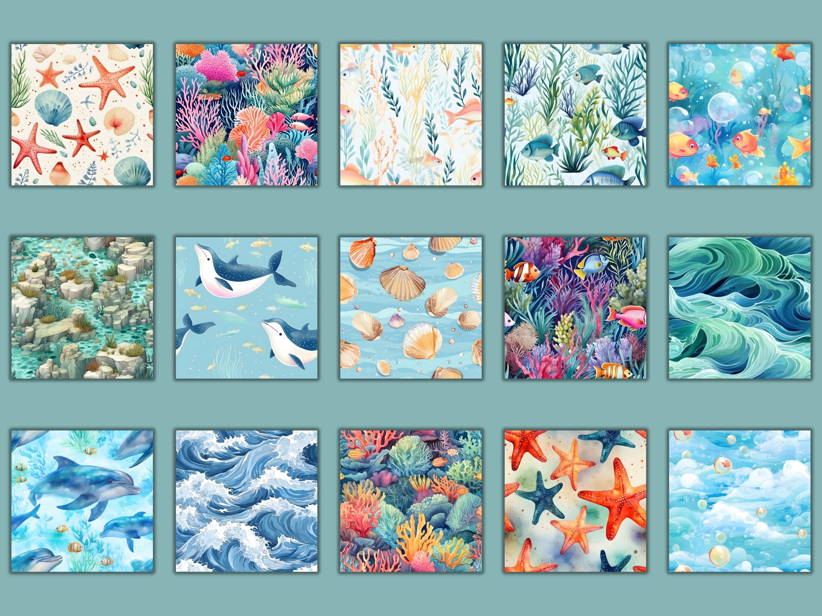 Underwater Life Digital Paper, Ocean and Sea Life, 15 Seamless Patterns ...