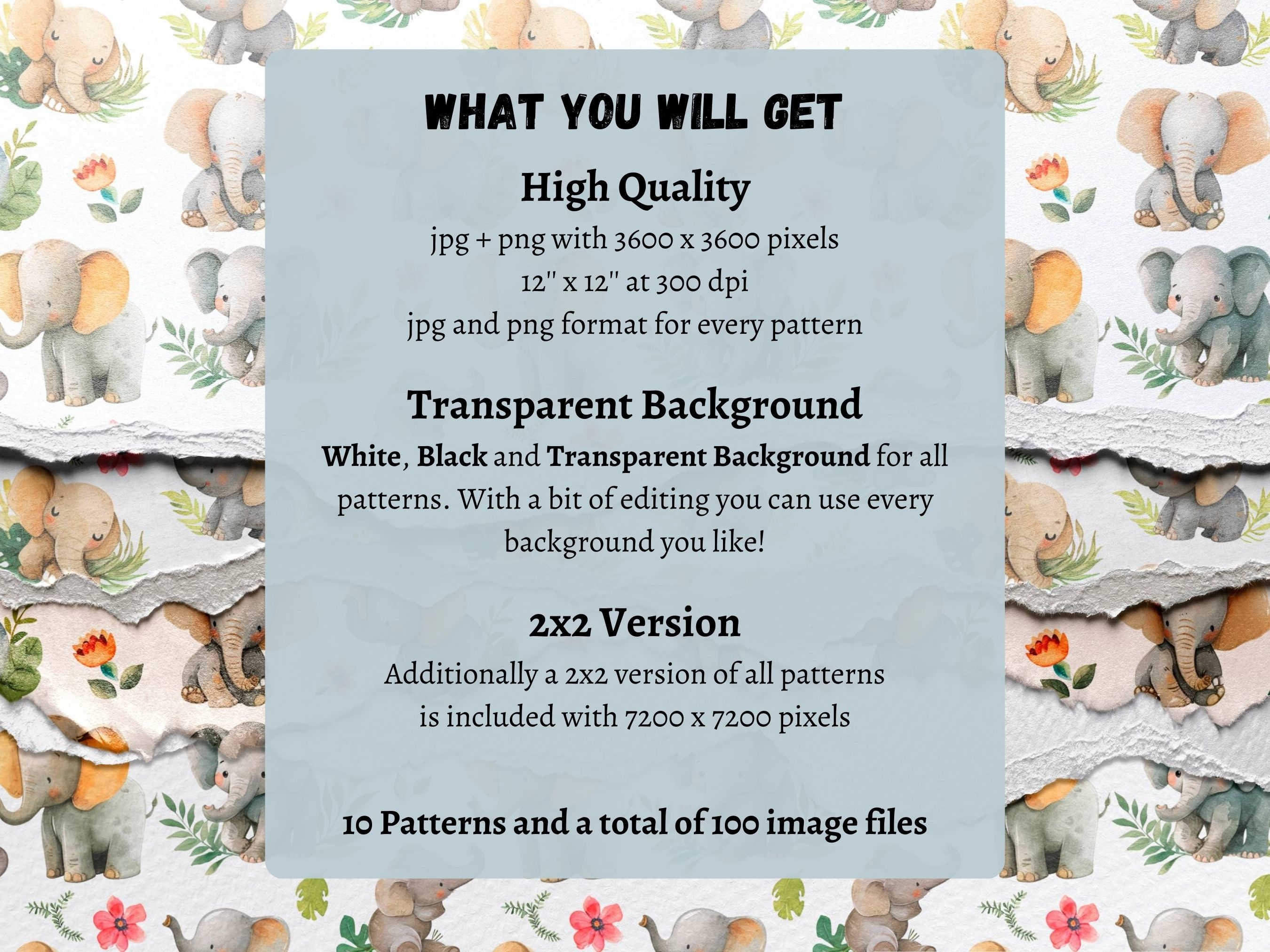 Cute Elephants Digital Paper, 10 Seamless Watercolor Patterns ...