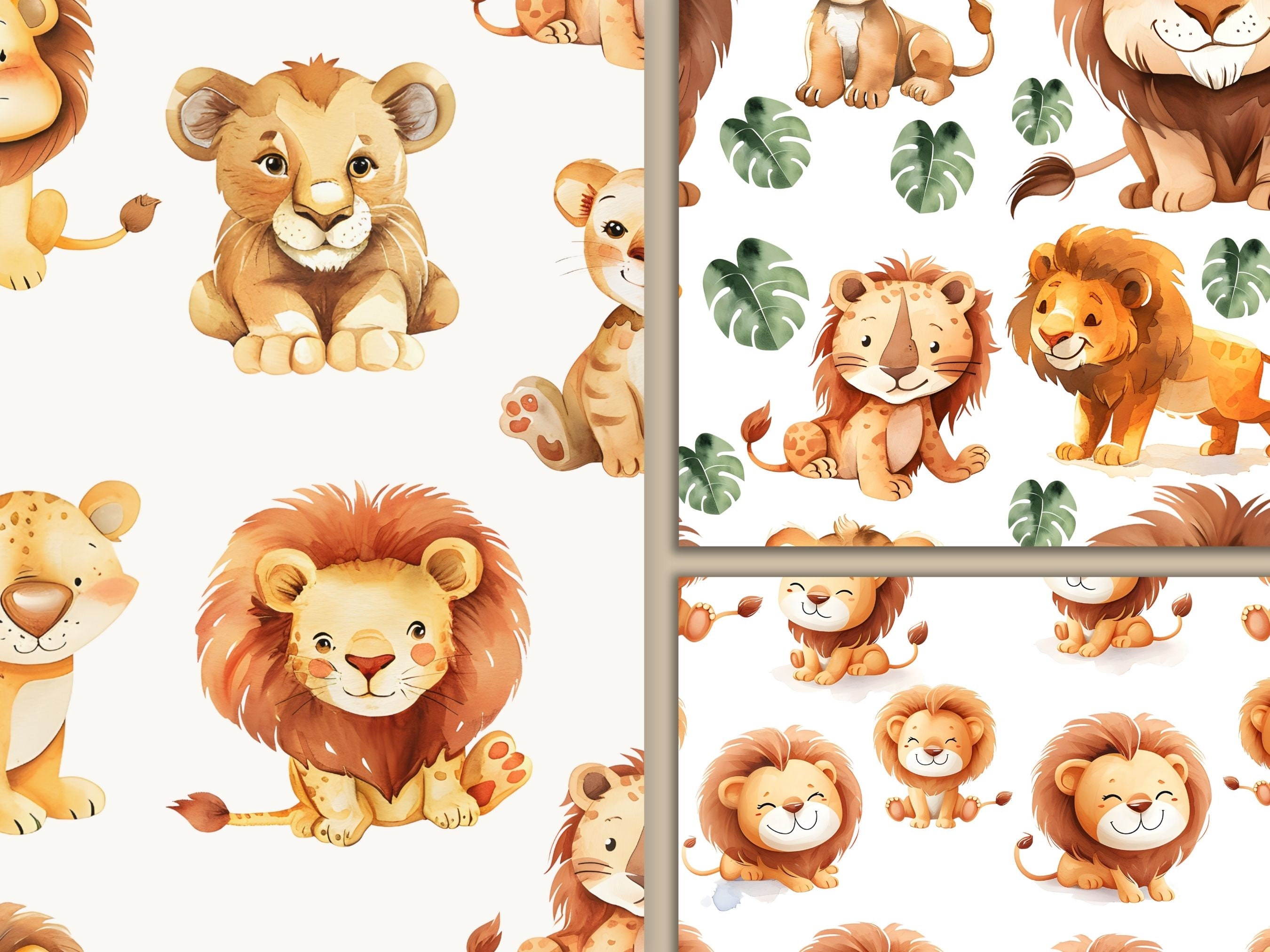 Cute Lion Digital Paper, 10 Seamless Watercolor Patterns, Ideal for ...