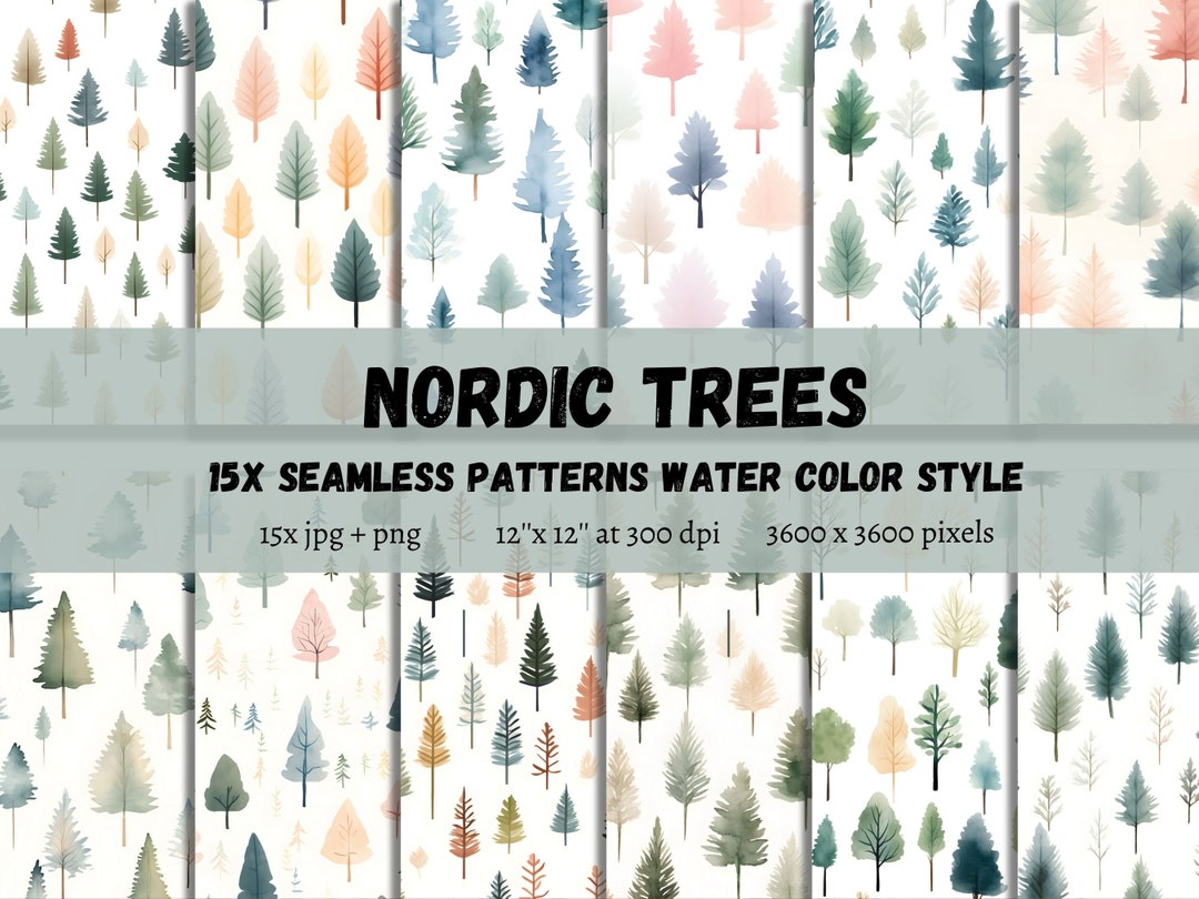 Nordic Trees Digital Paper, Watercolour Forest, 15 Seamless Patterns ...