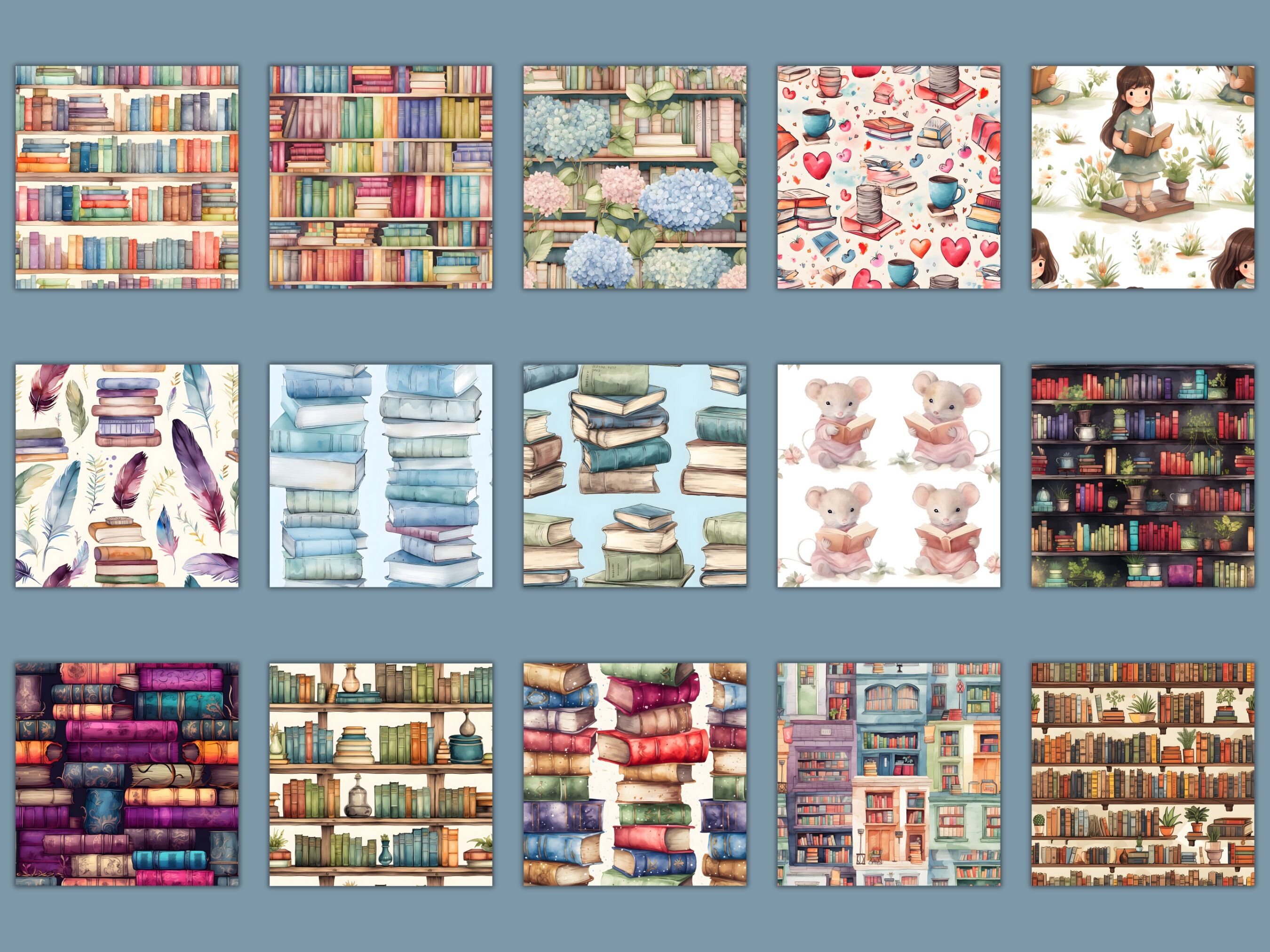 Watercolor Books Digital Paper, Watercolor Bookshelf, 15 Seamless ...