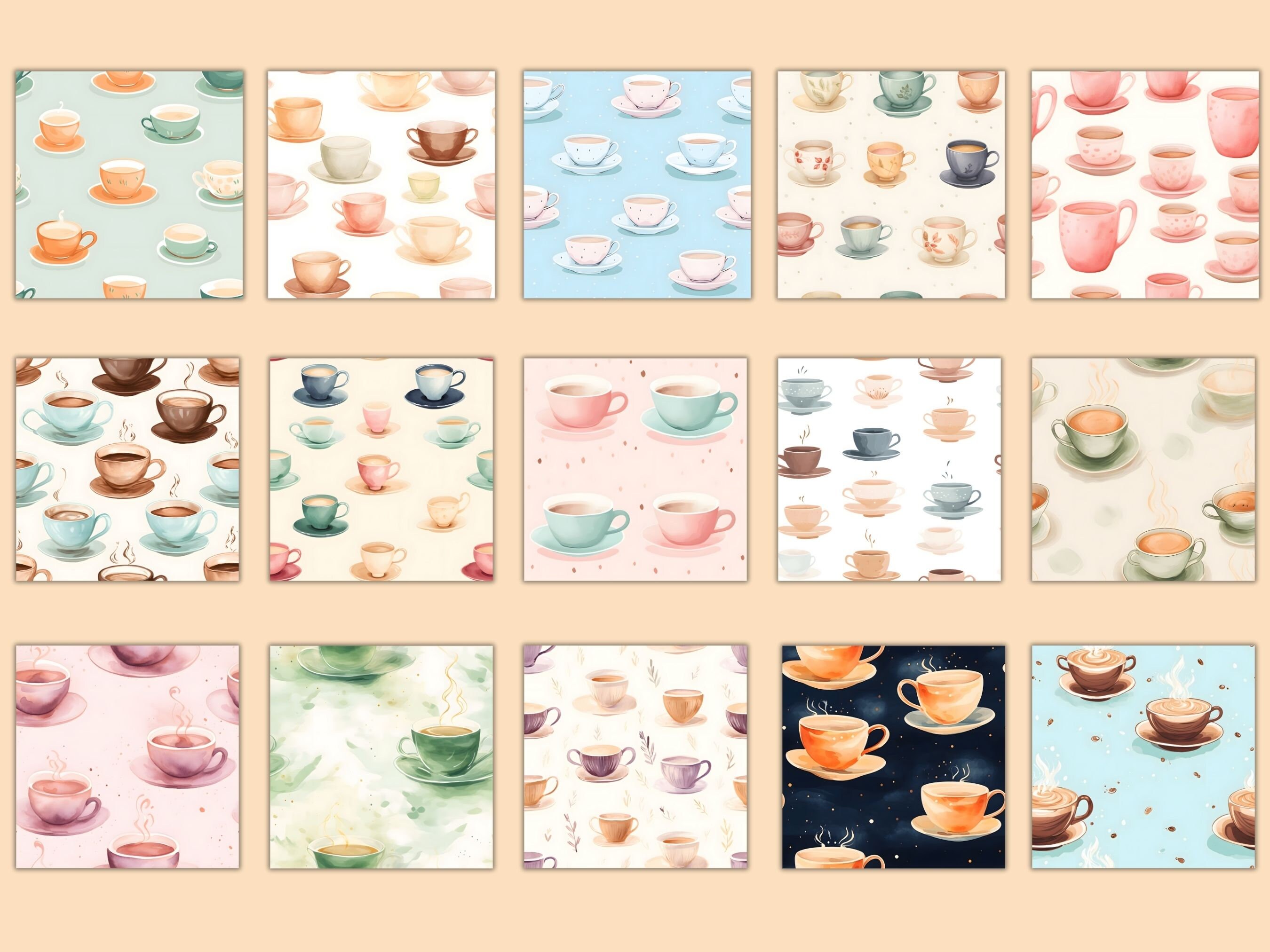 Teacup Digital Paper, Teacup Pattern, 15 Seamless Patterns, Colorful ...