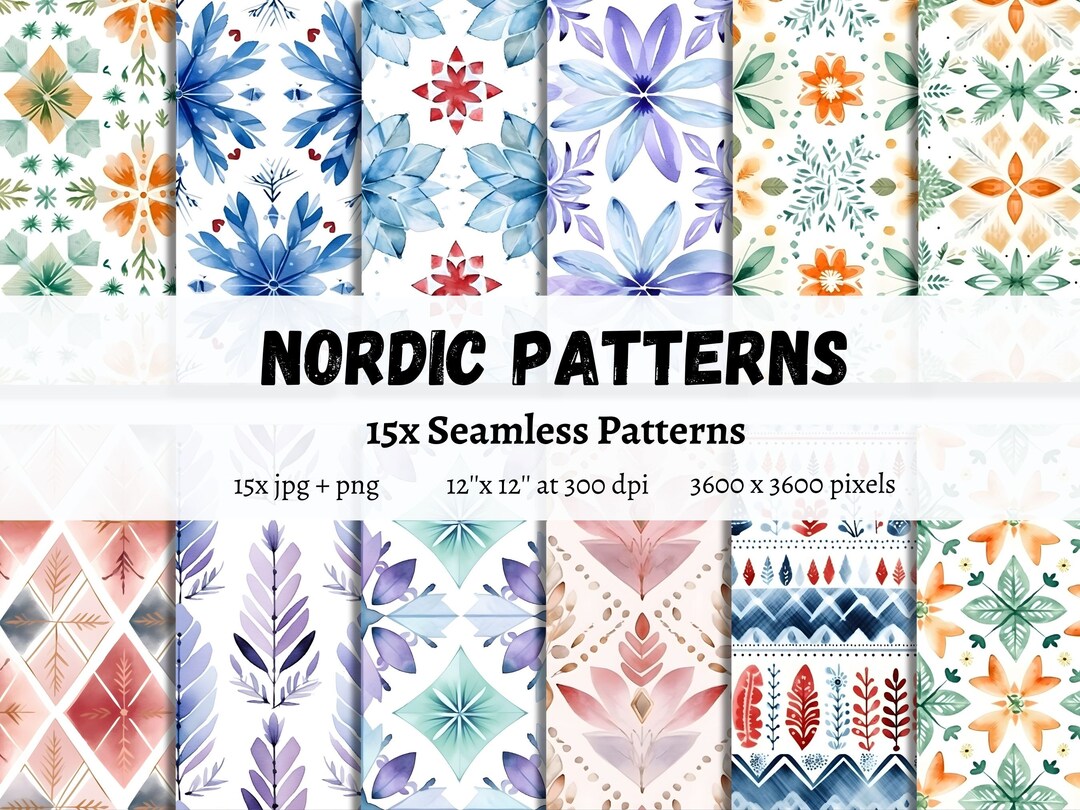 Nordic Pattern Digital Paper, Scandinavian Patterns, 15 Seamless ...
