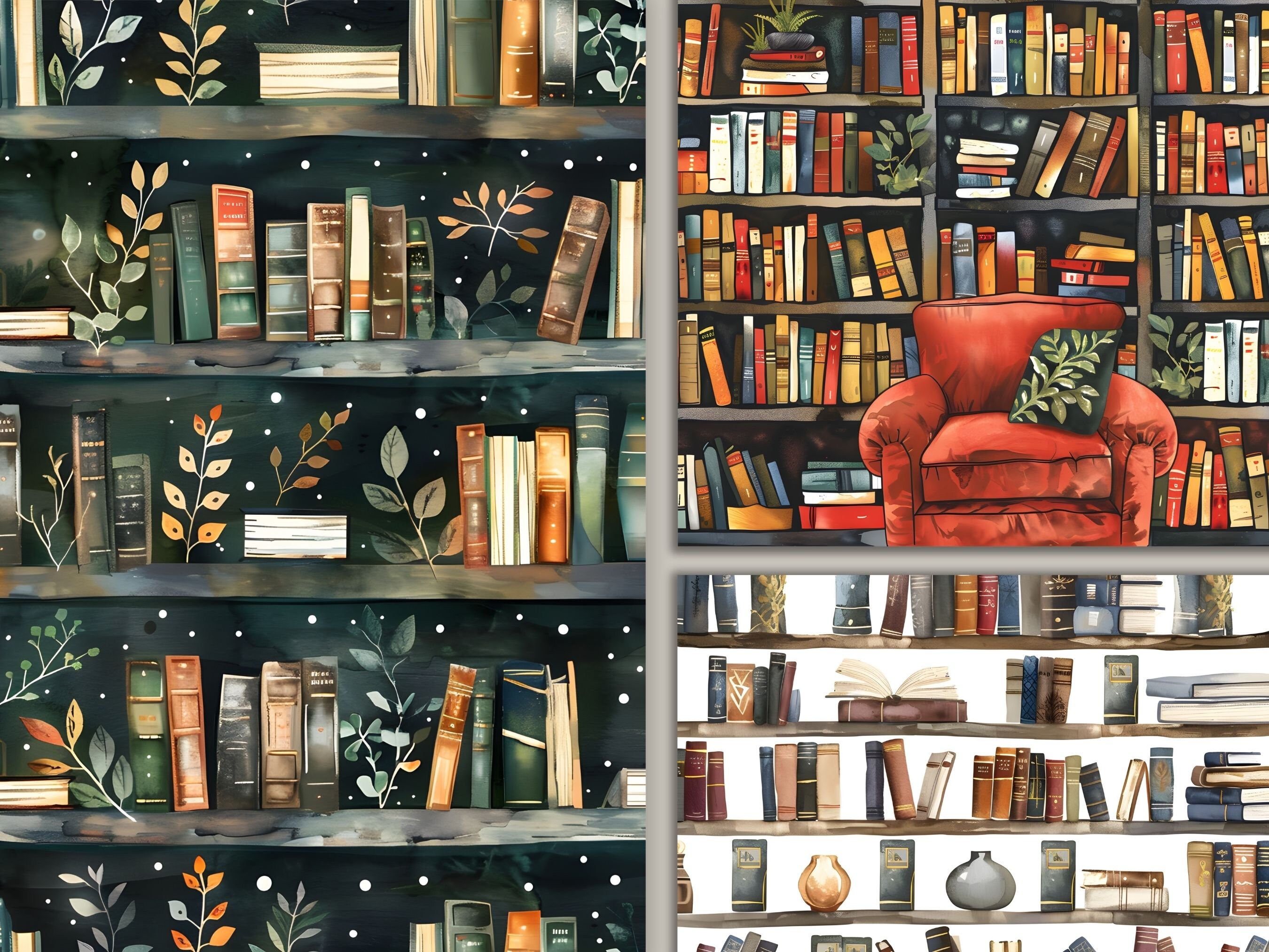 Magic Books Digital Paper, Watercolor Bookshelf, 15 Seamless Patterns ...