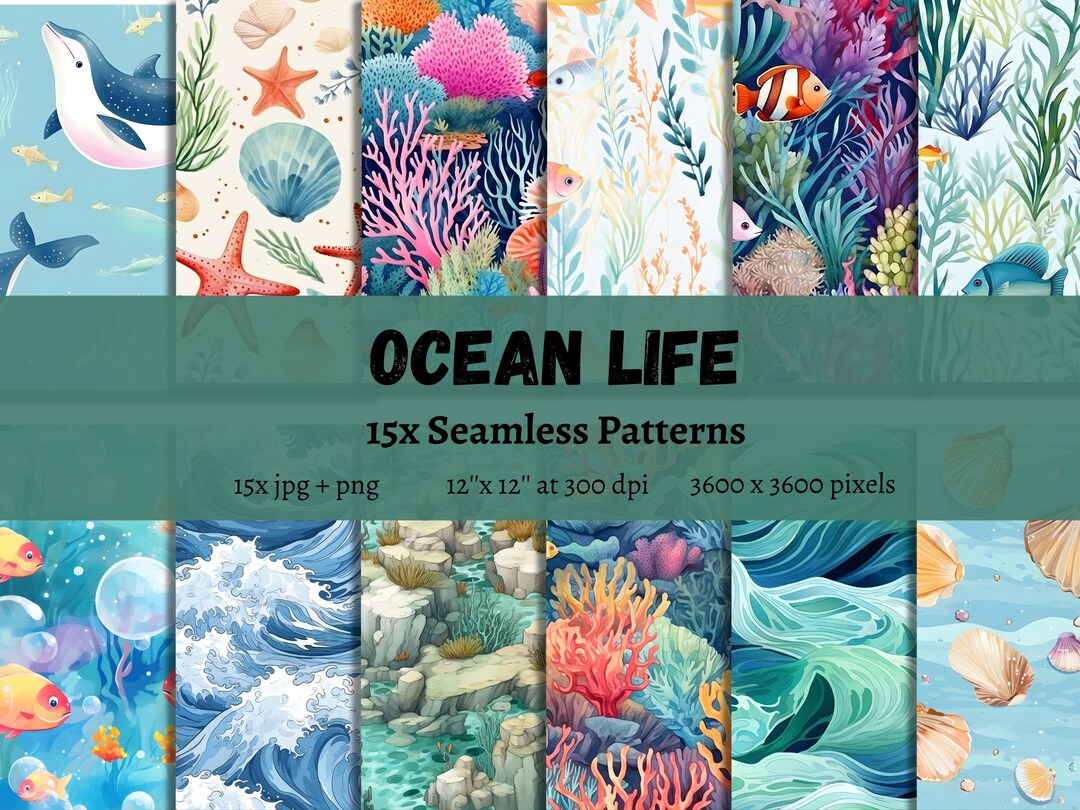 Underwater Life Digital Paper, Ocean and Sea Life, 15 Seamless Patterns ...