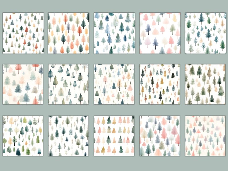 Nordic Trees Digital Paper, Watercolour Forest, 15 Seamless Patterns ...