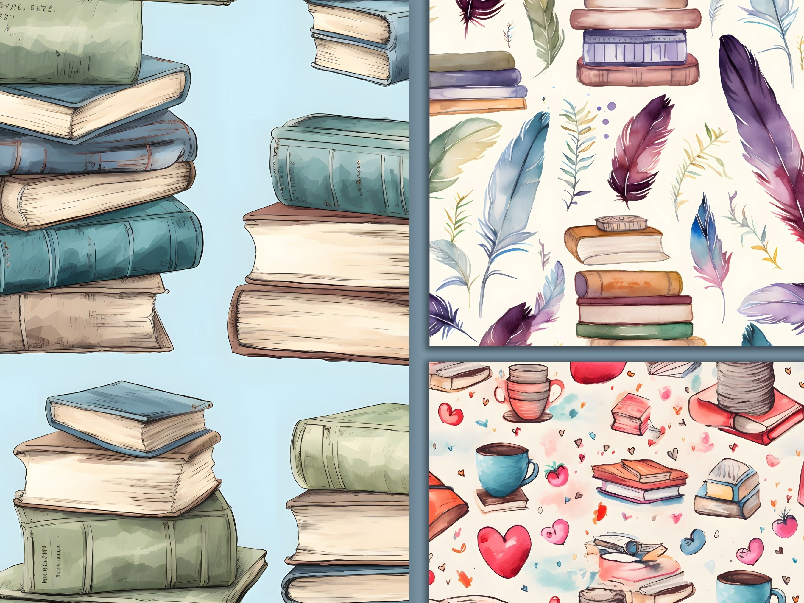 Watercolor Books Digital Paper, Watercolor Bookshelf, 15 Seamless ...