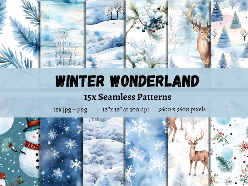 Winter Wonderland Digital Paper, Watercolor Winter Design, 15 Seamless ...