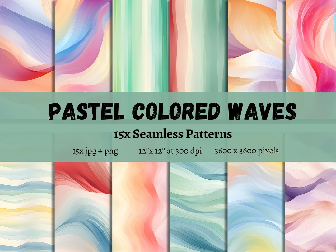 Pastel Colored Waves Digital Paper, Watercolor Waves, 15 Seamless ...