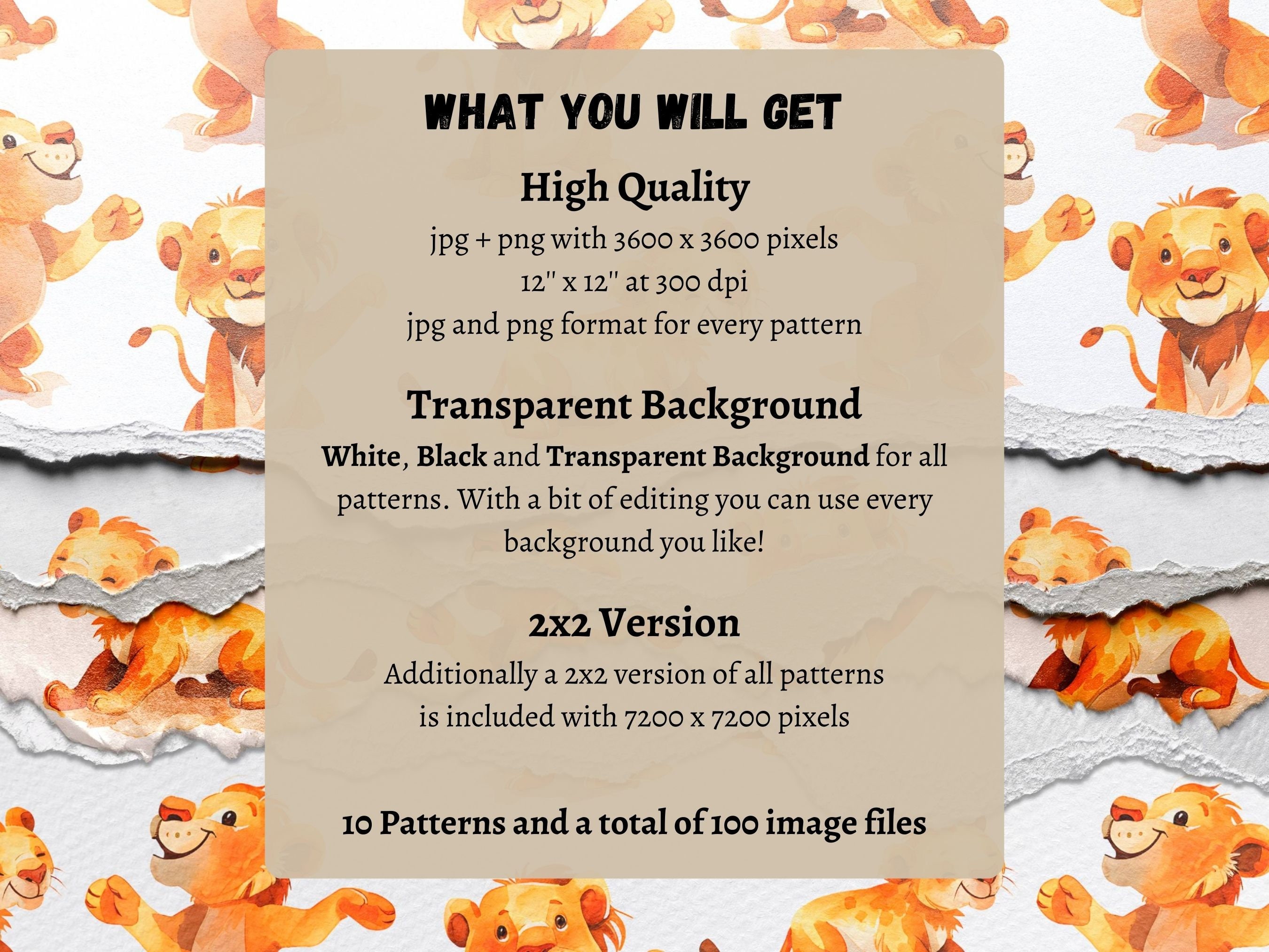 Cute Lion Digital Paper, 10 Seamless Watercolor Patterns, Ideal for ...