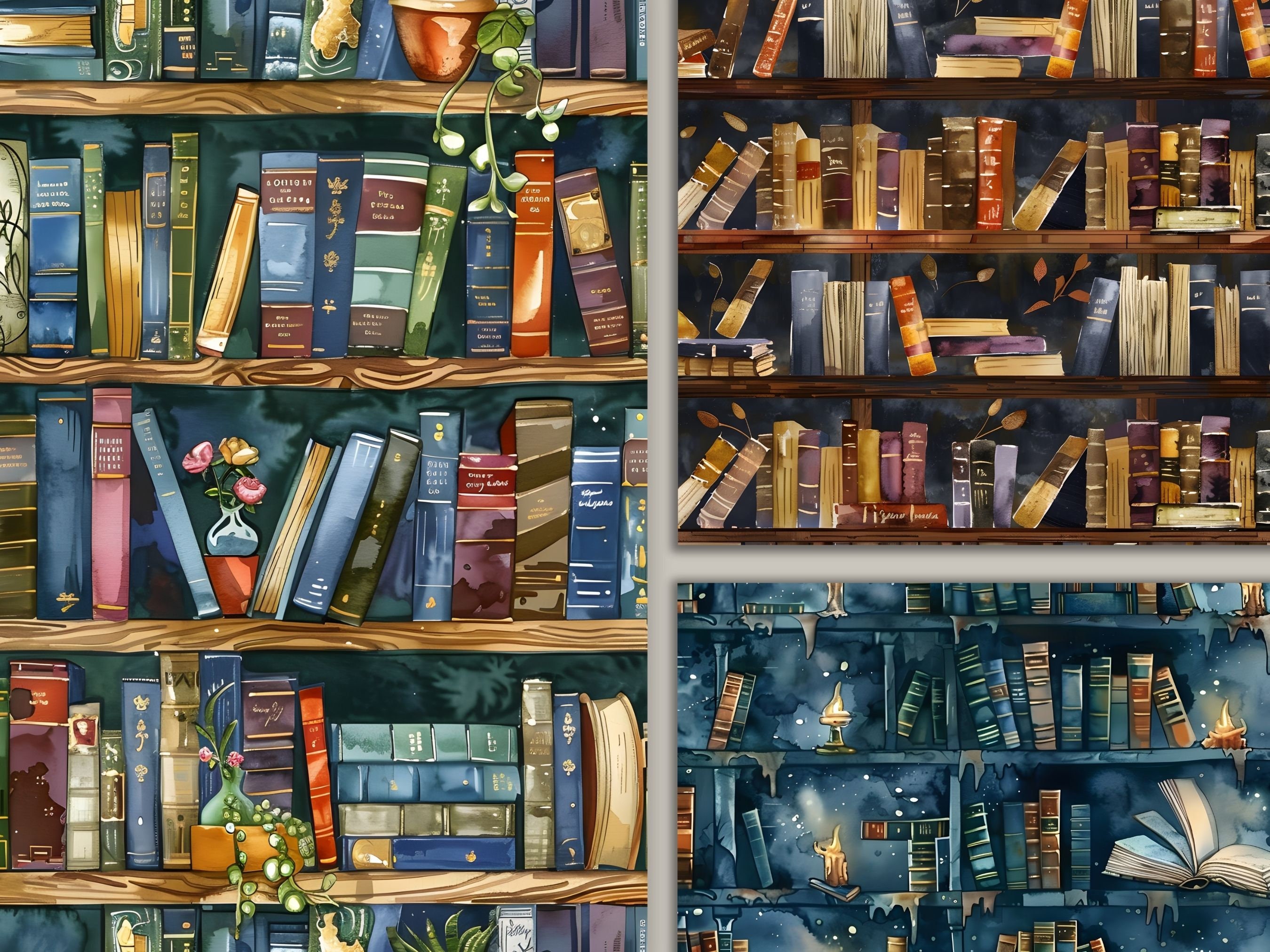 Magic Books Digital Paper, Watercolor Bookshelf, 15 Seamless Patterns ...