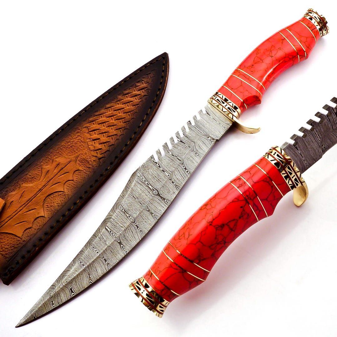 Handmade Damascus Steel Hunting Knife: Red Jasper & Brass Handle - Etsy