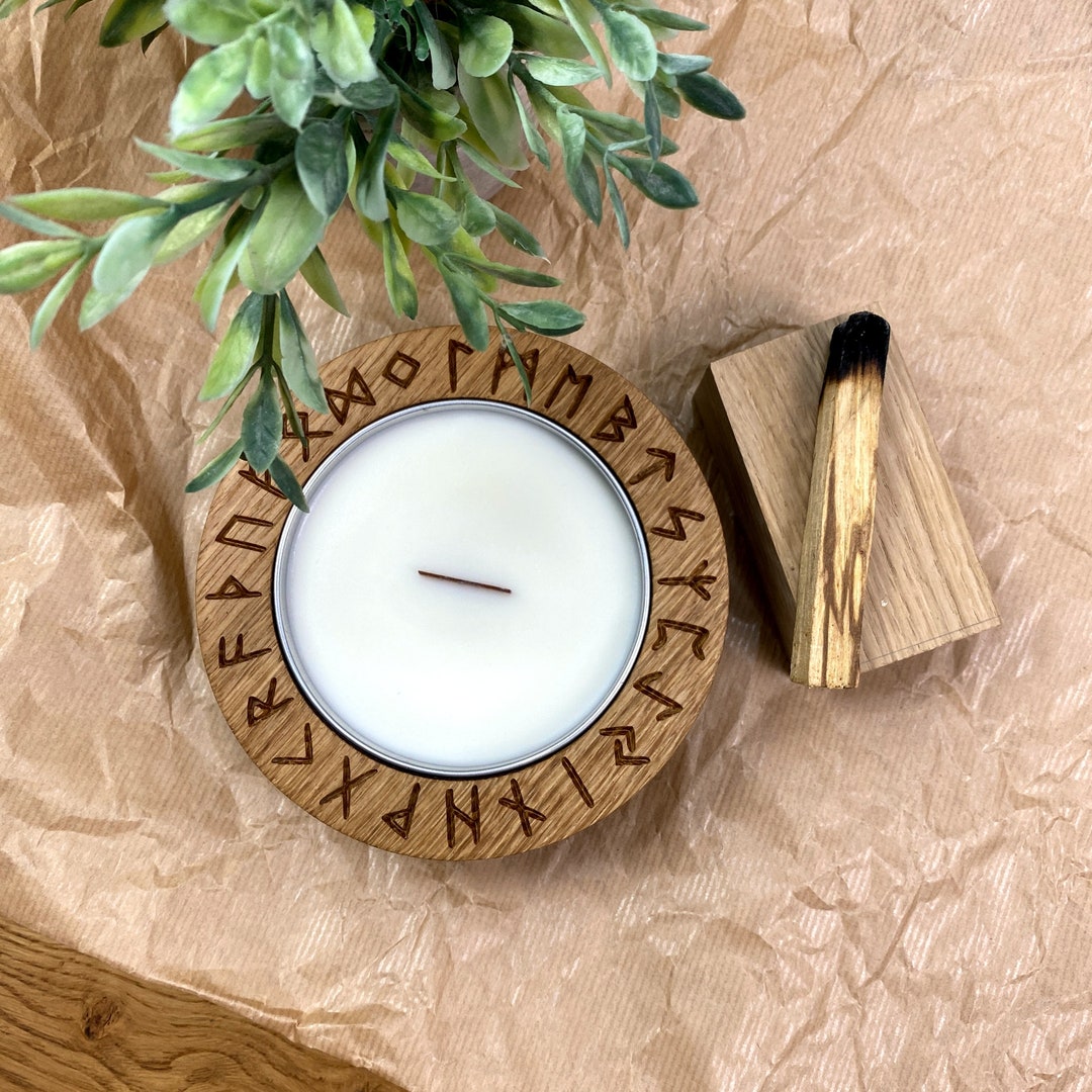 Unique Viking Wooden Candle With Futhark Runes , Wooden Candle ...
