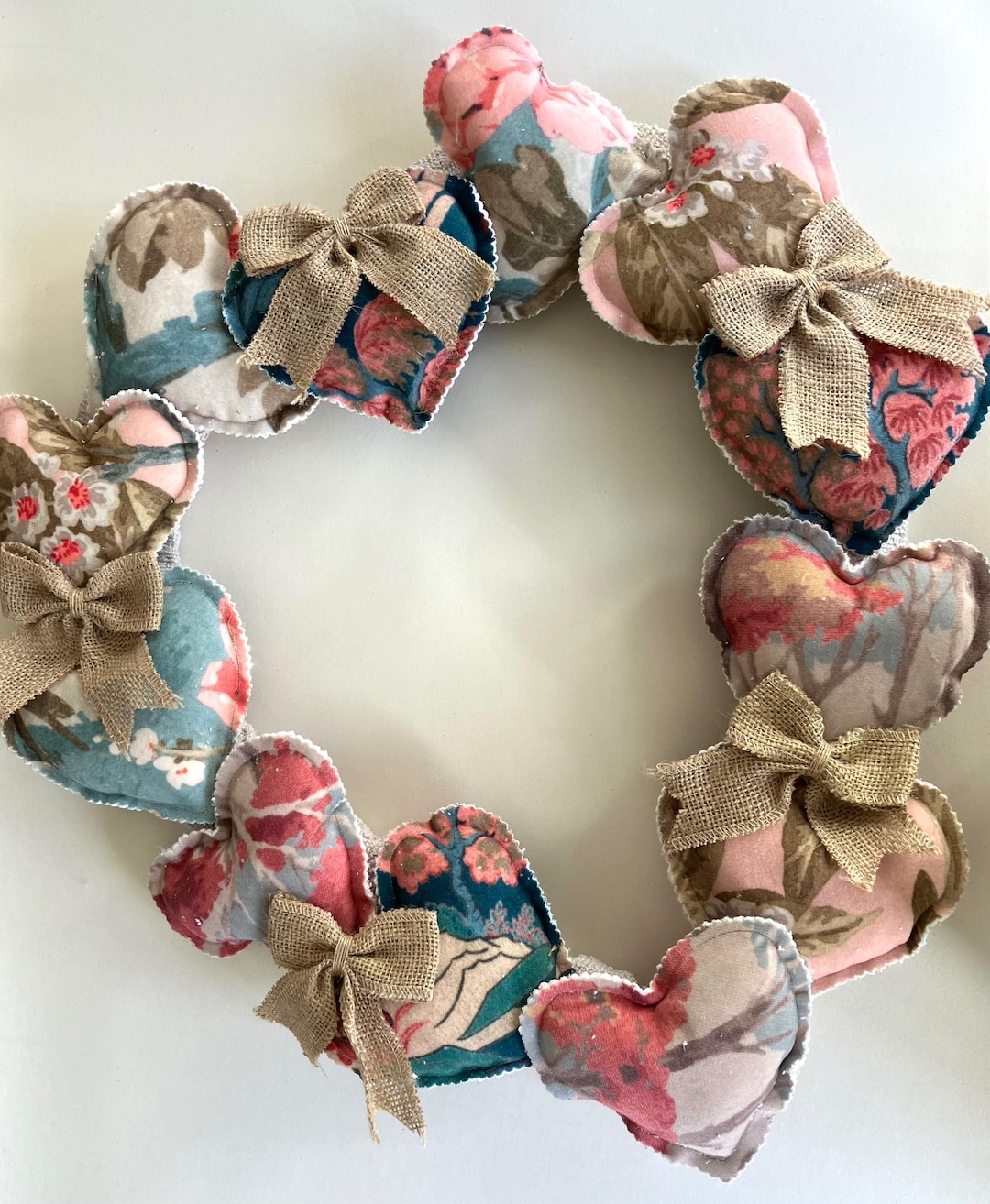 Fabric Heart Wreath, Padded Hearts, Rustic Ribbon Bows, Shabby Chic ...