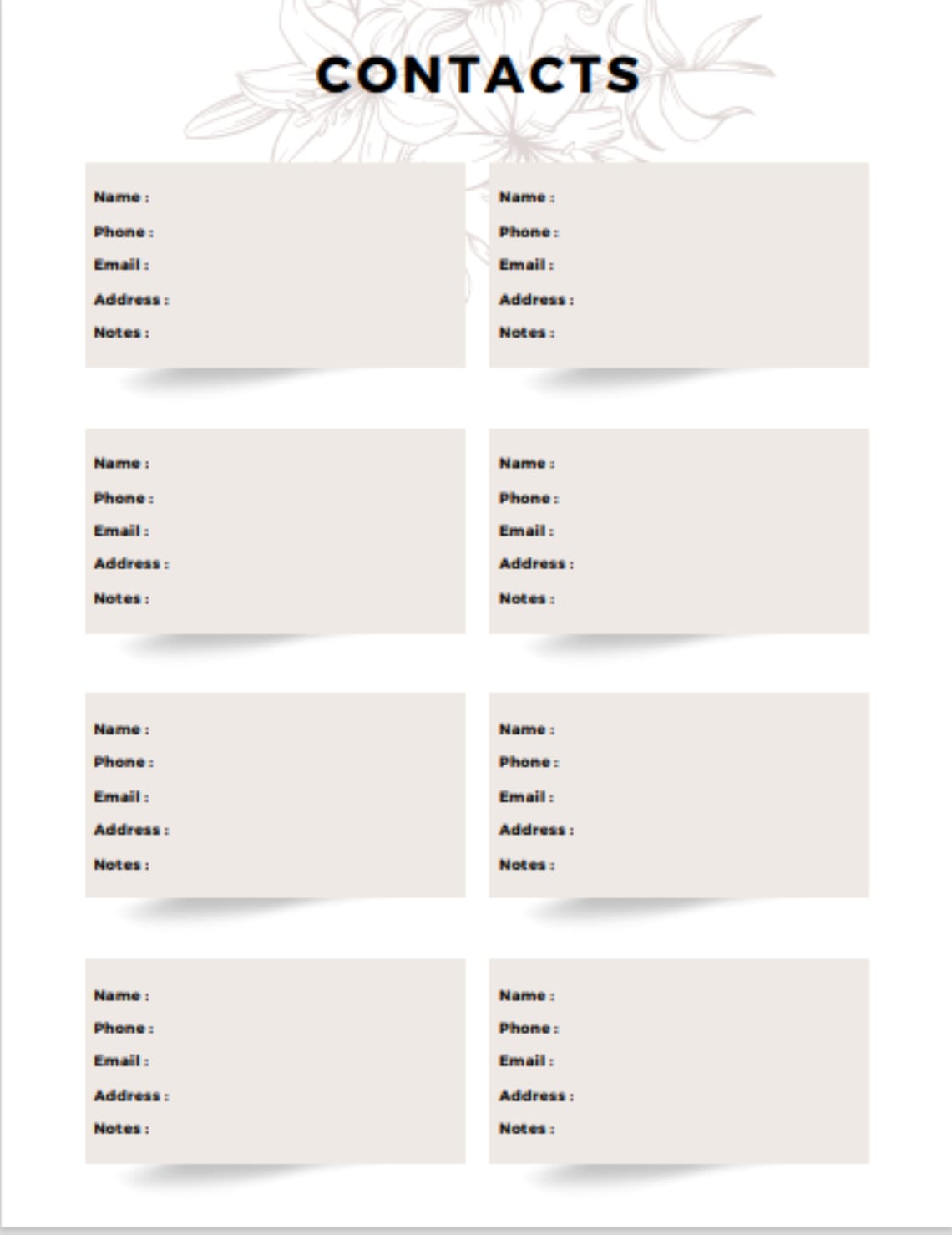 Editable Contacts List, Fillable Address Book, Contacts Organizer ...