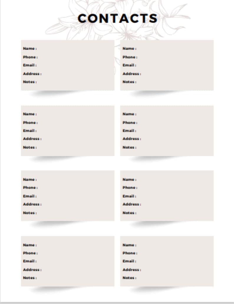 Editable Contacts List, Fillable Address Book, Contacts Organizer ...