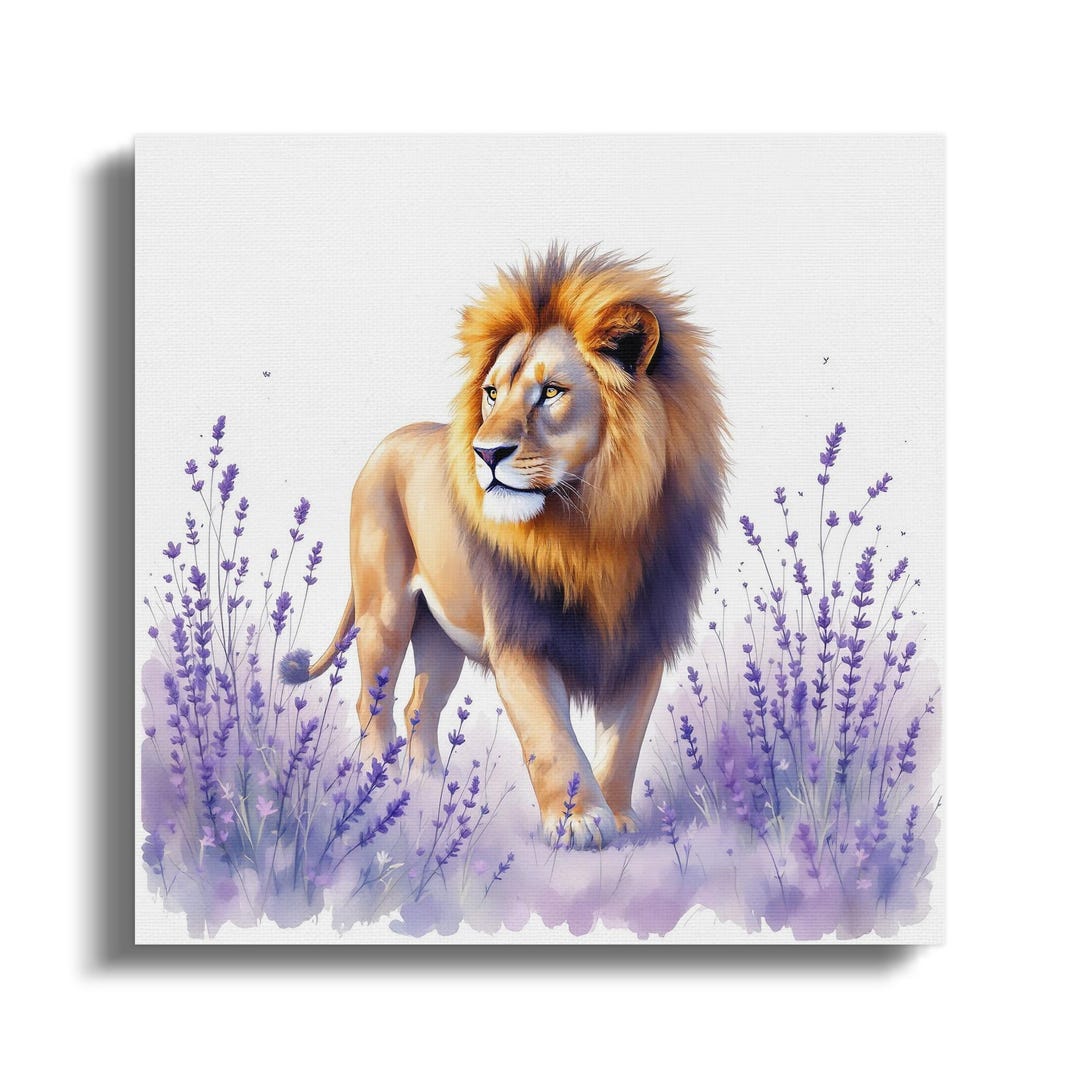 Majestic Lion Wall Art Canvas Art Lavender Flowers, Wildlife Wall Decor ...