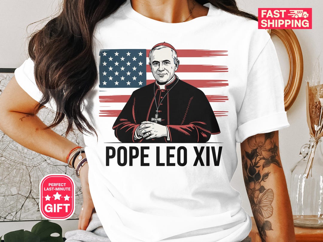 Pope Leo XIV, American Flag T-shirt, V-neck T-shirt, Catholic Gift ...