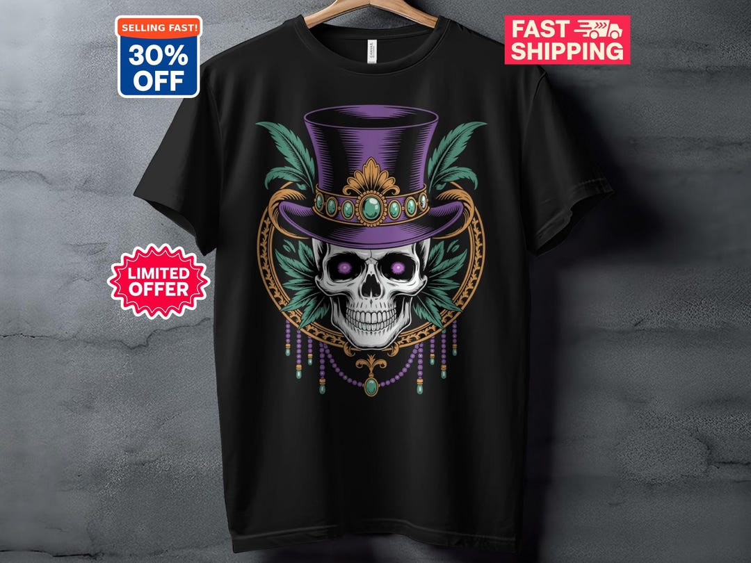 Mardi Gras Skull Shirt 2026, Voodoo Skeleton Tee, New Orleans Top Hat ...