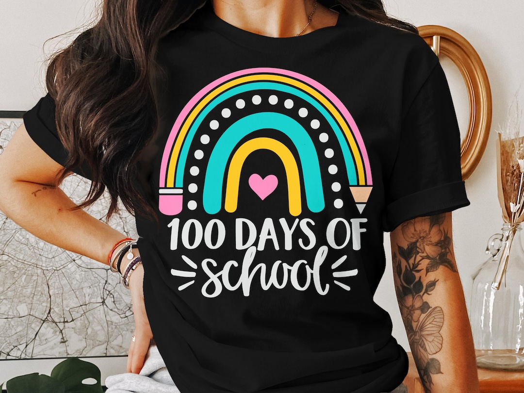 100 Days of School Colorful Rainbow Pencil and Heart Design Cute Kids T ...