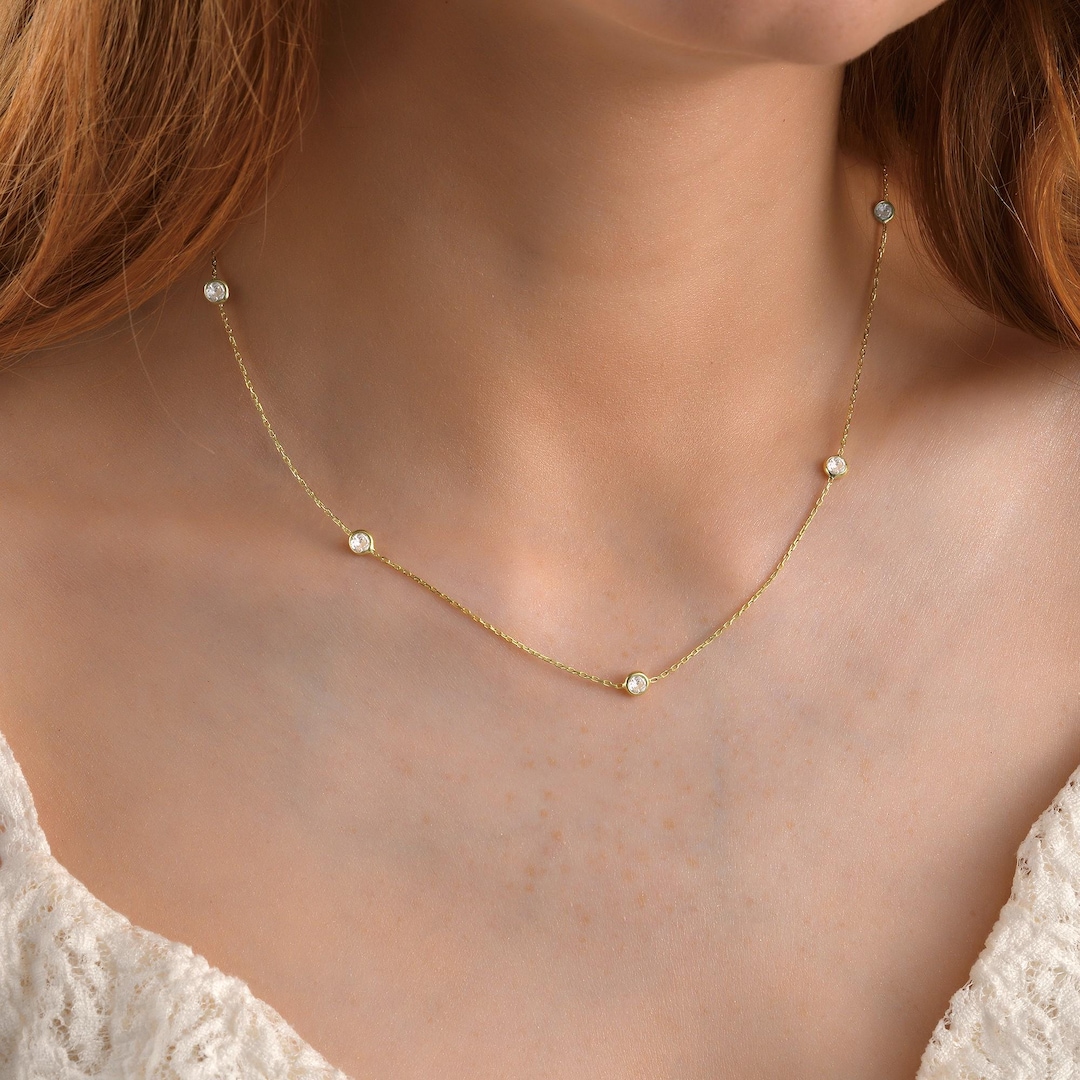 14K Gold Diamond Chain Necklace , Diamond Station Necklace, Small ...